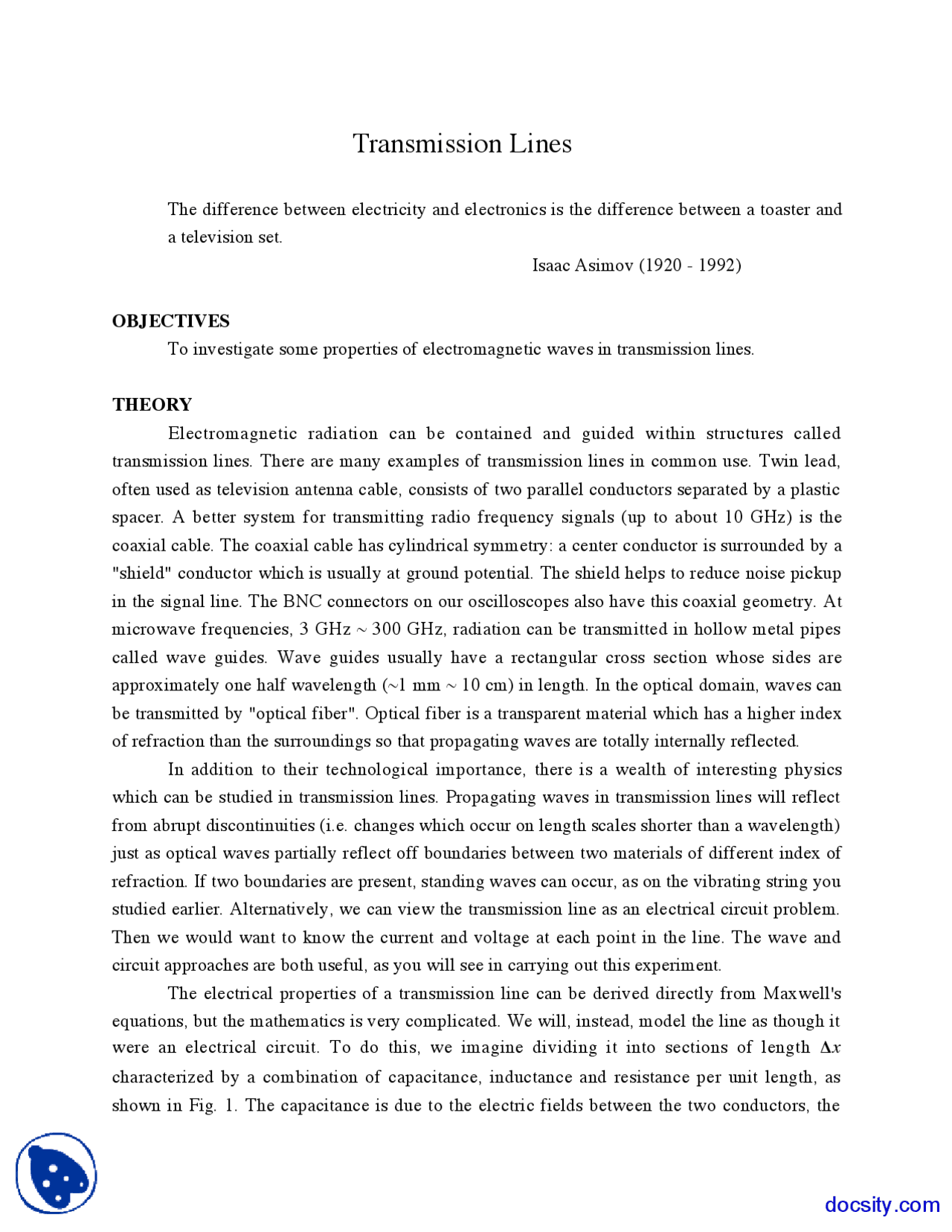 Transmission Lines Waves And Optics Lab Manual Docsity