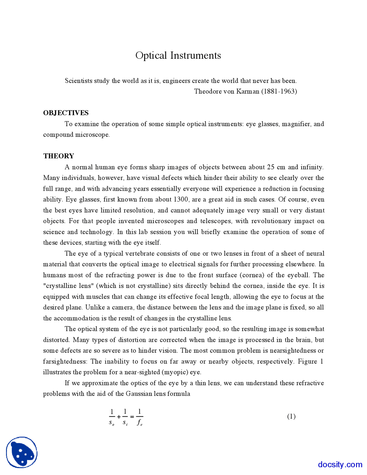 Optical Instruments Waves And Optics Lab Manual Docsity