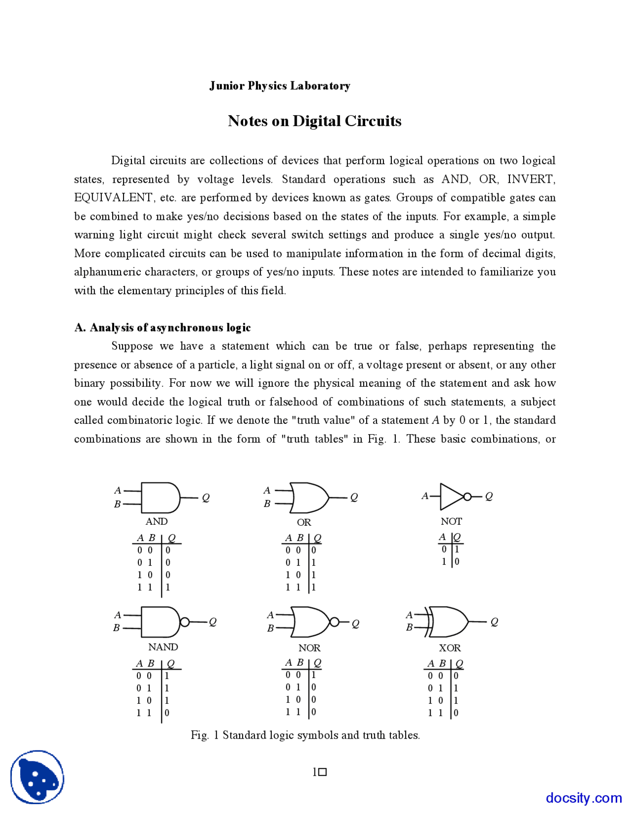 Digital Circuits - Junior Physics - Lecture Notes - Docsity