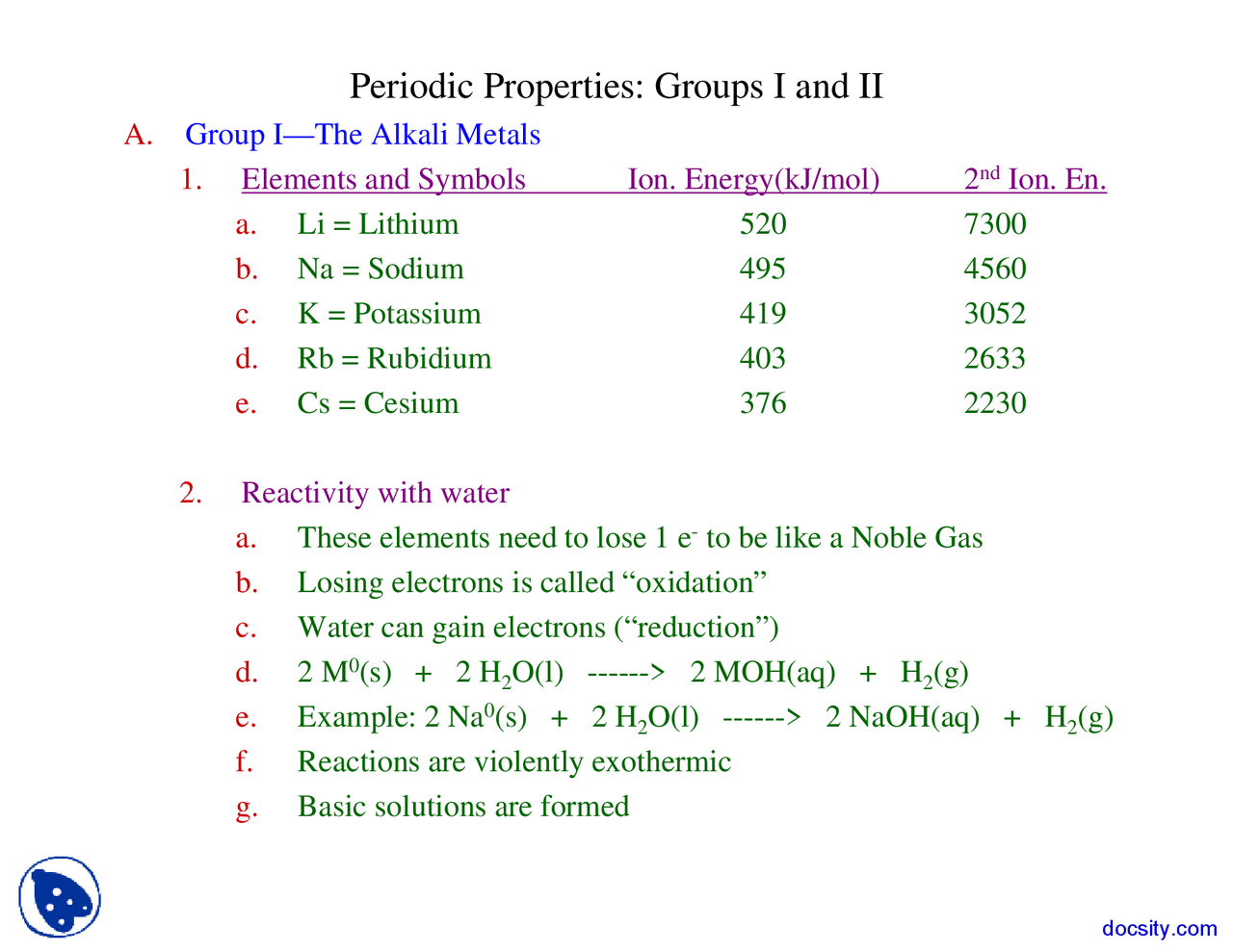 Periodic Properties, Groups I and II - Chemistry - Lecture Slides - Docsity