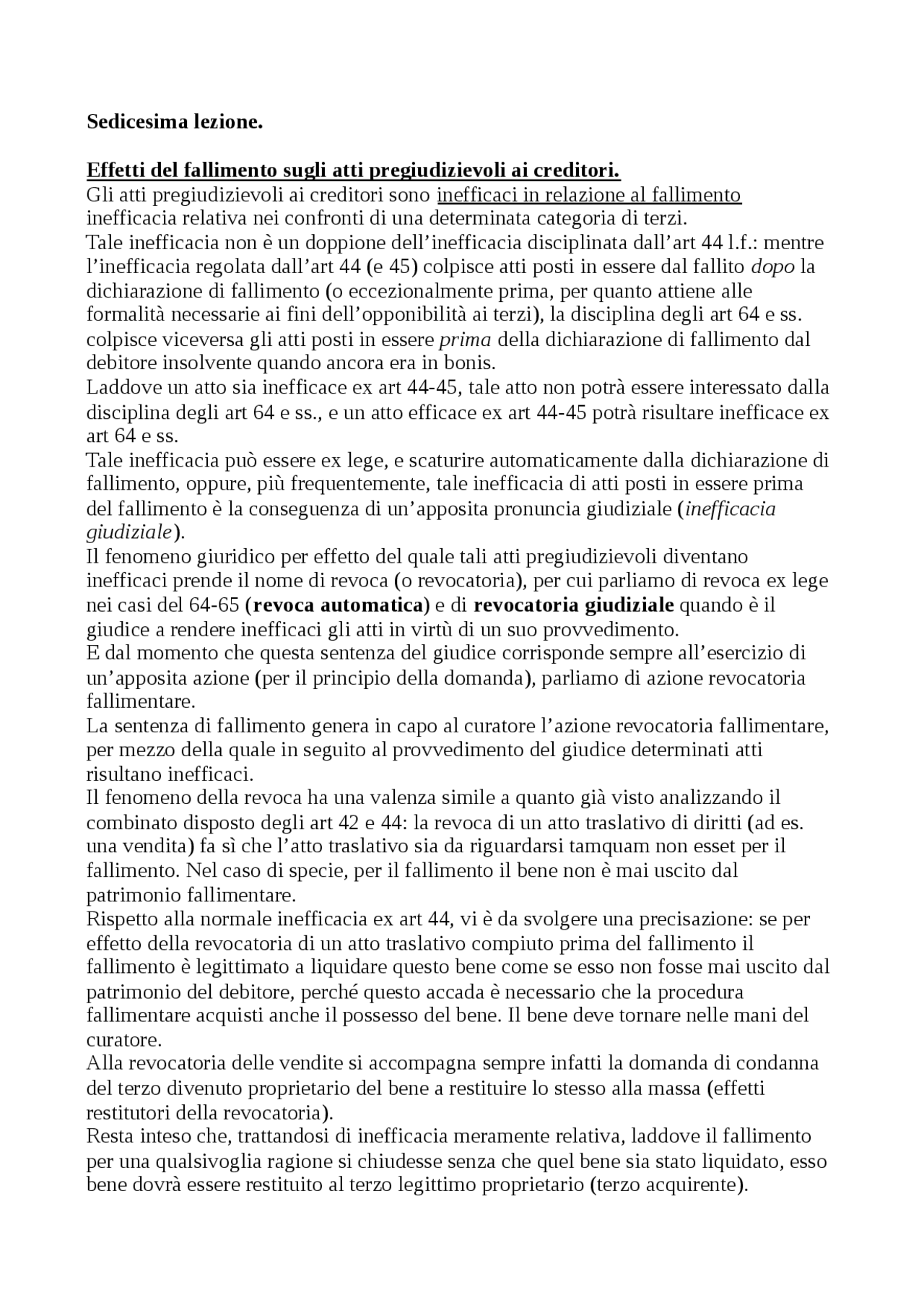 Effetti Del Fallimento Sugli Atti Pregiudizievoli Ai Creditori Docsity