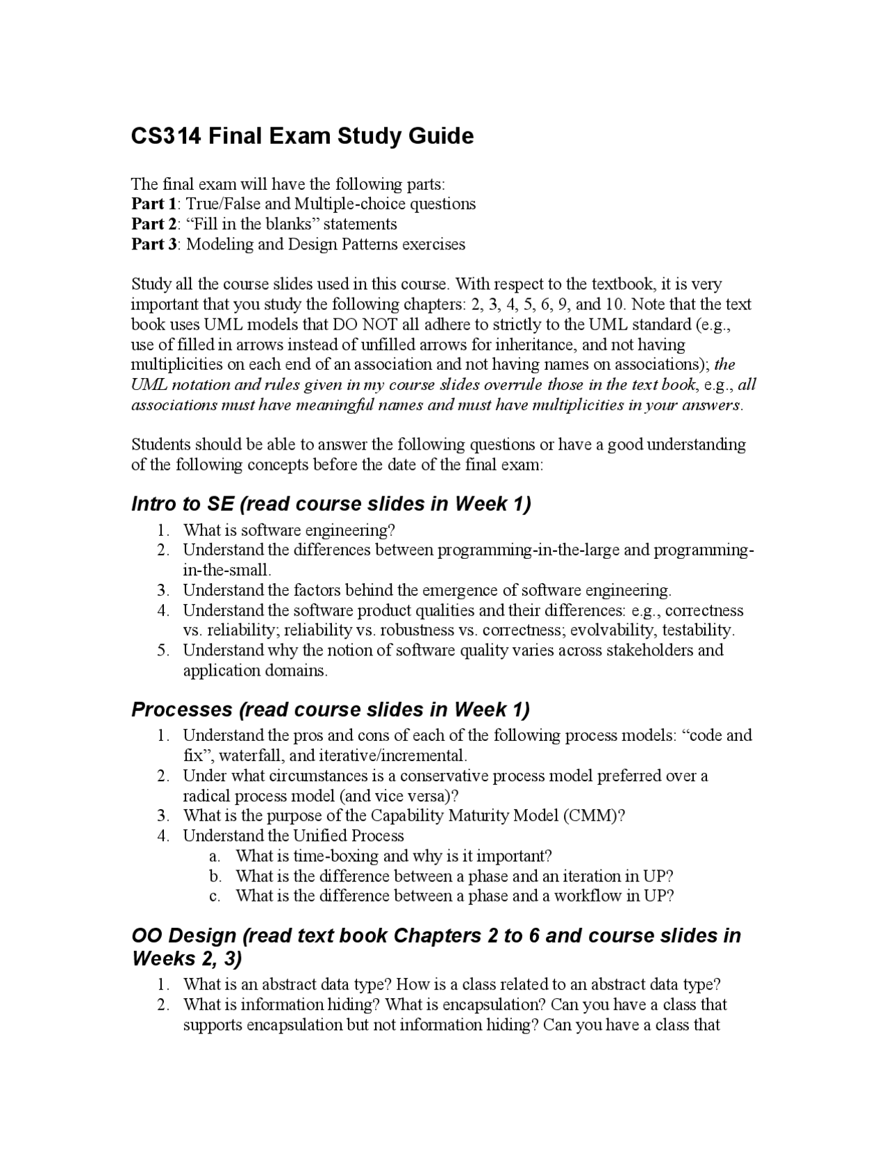 Questions On Software Development Methods Class Design Cs 314 Docsity
