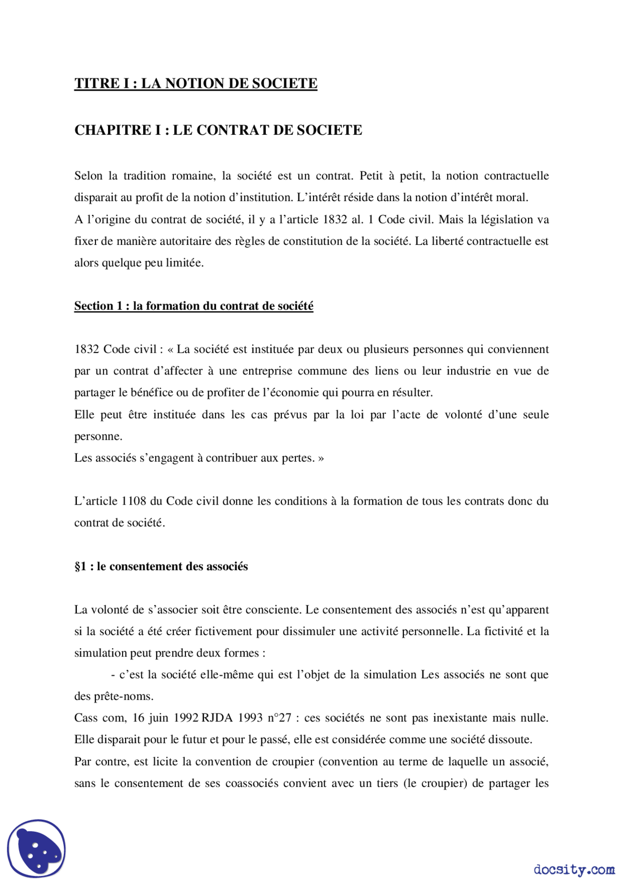 Notes Sur La Notion De Société Docsity