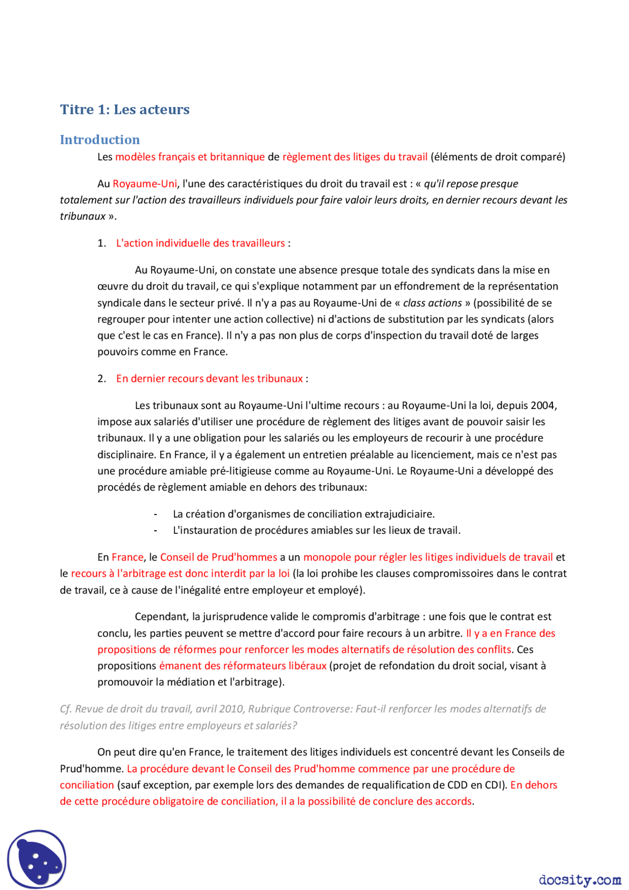 Notes Sur Les Acteurs Docsity