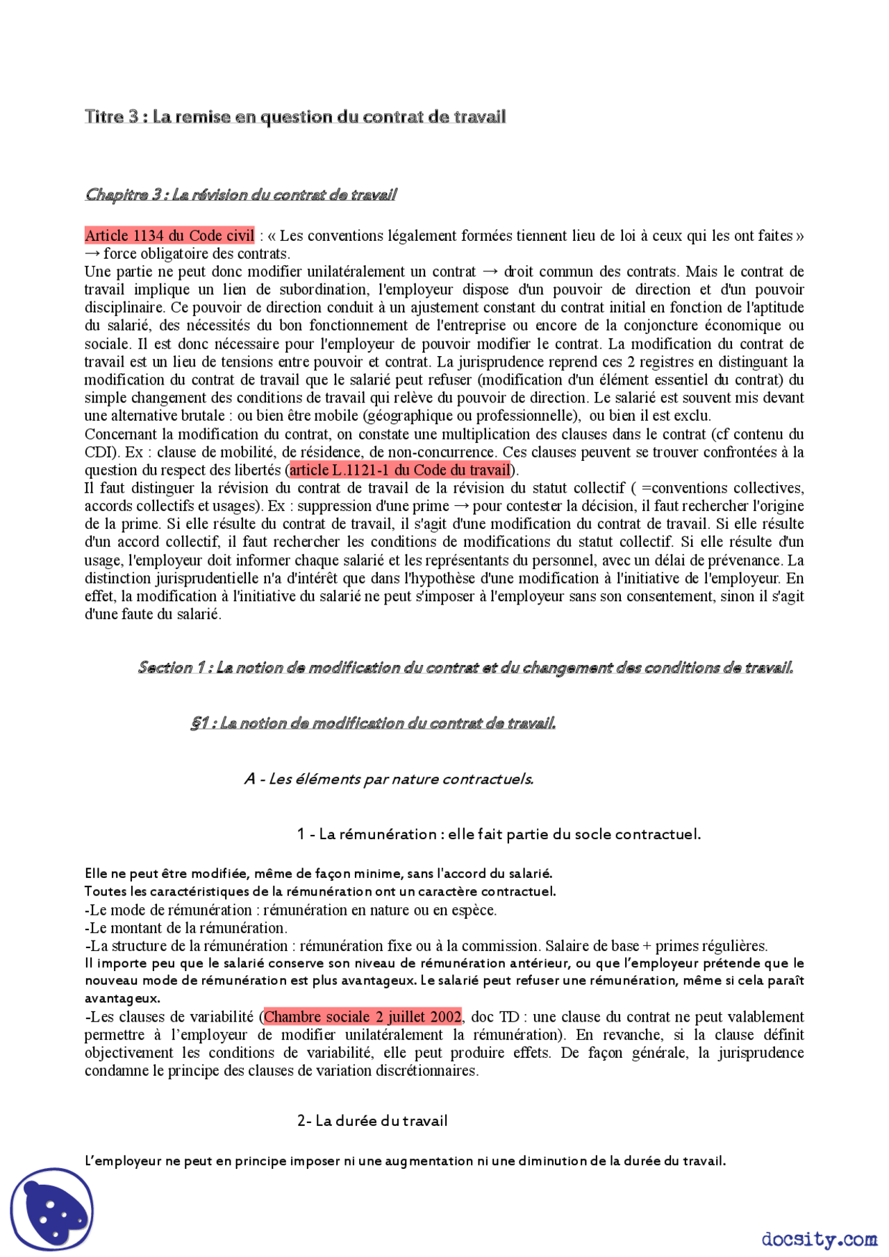 Notes Sur La Révision Du Contrat De Travail Docsity