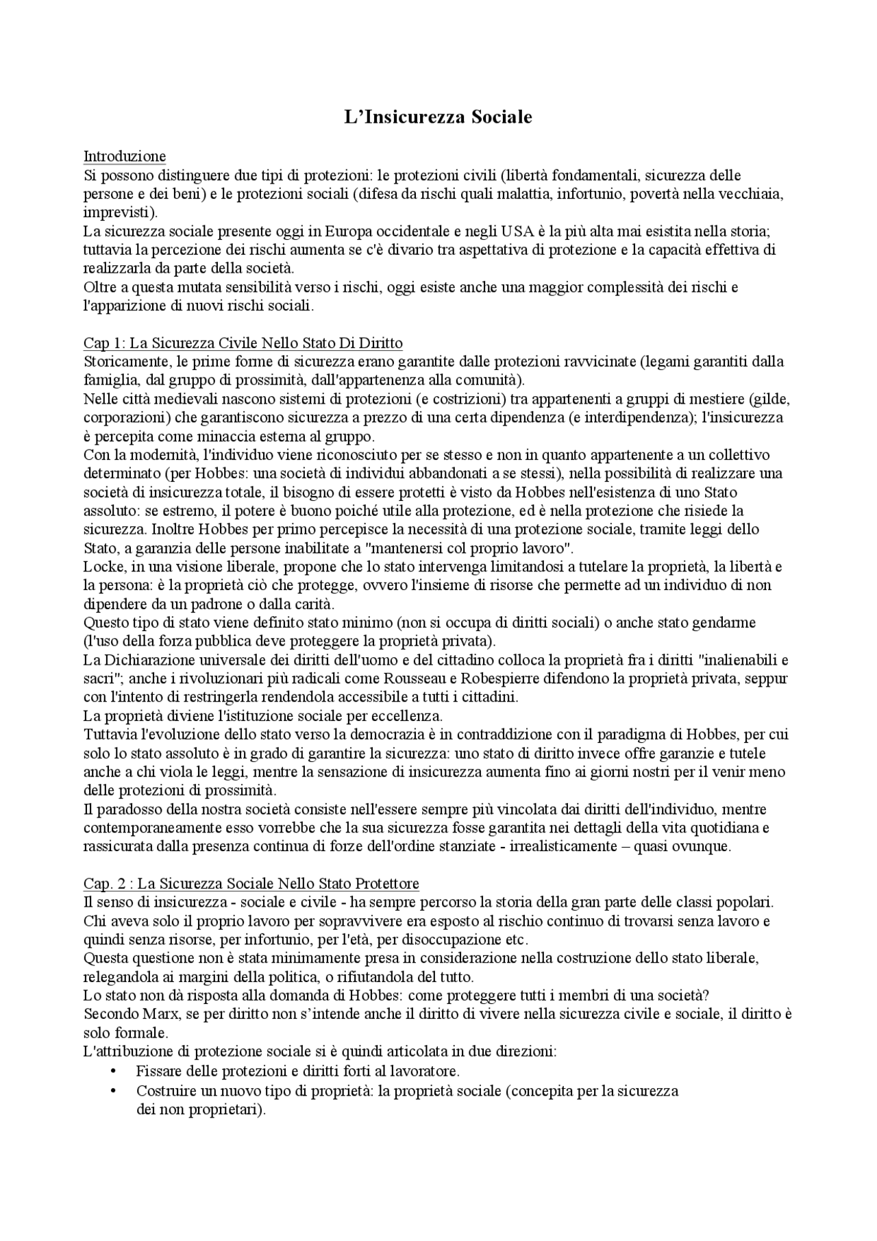 Linsicurezza Sociale Che Significa Essere Protetti Docsity
