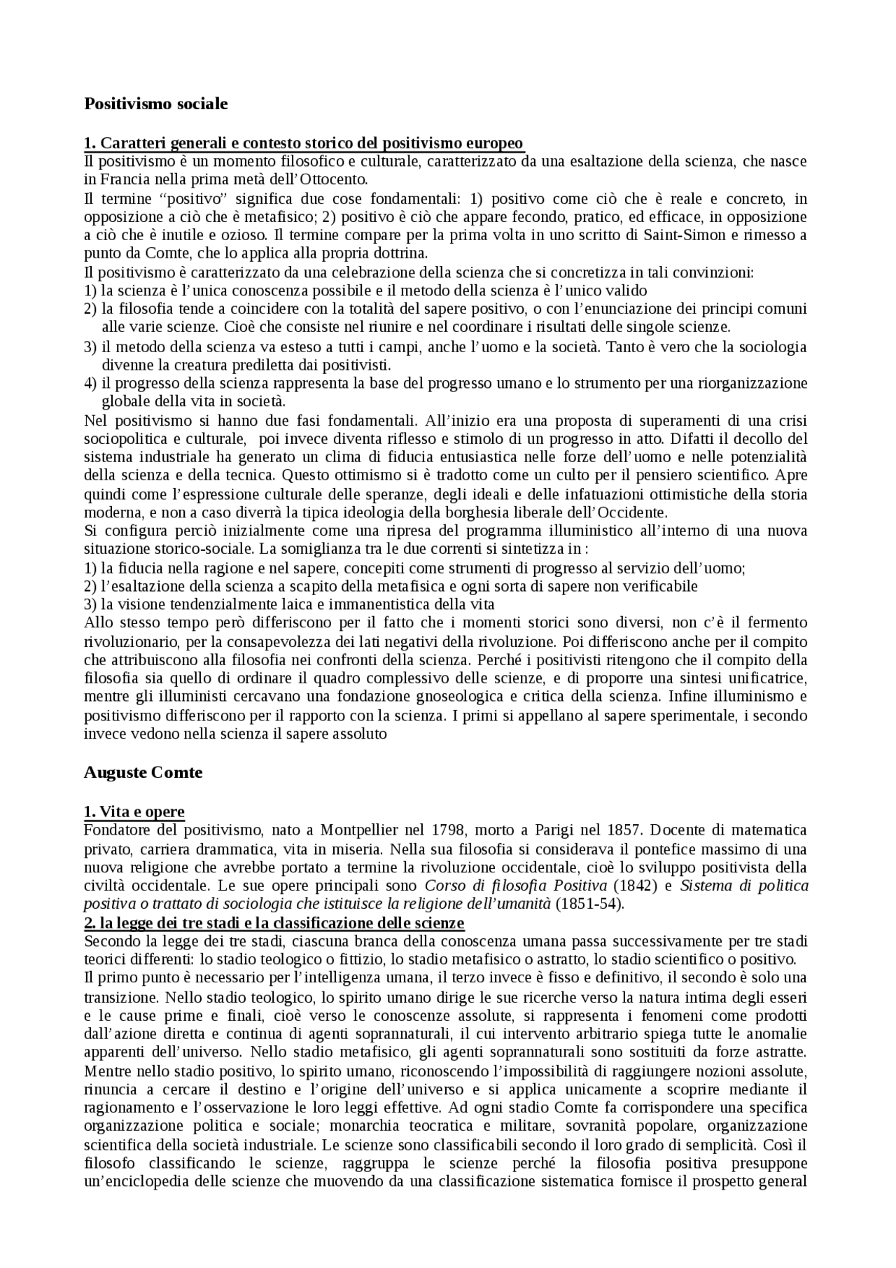 Positivismo Sociale Comte Mill Docsity