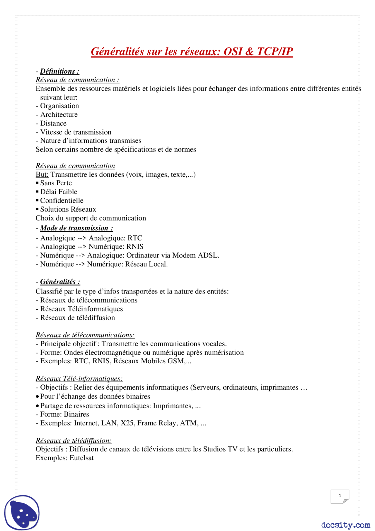 Notes Sur Les Généralités Sur Les Réseaux Osi And Tcpip Docsity