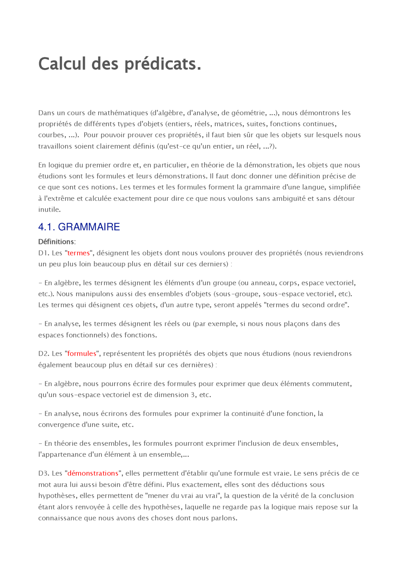 Notes Sur Le Calcul Des Prédicats Notes Mathématiques Docsity