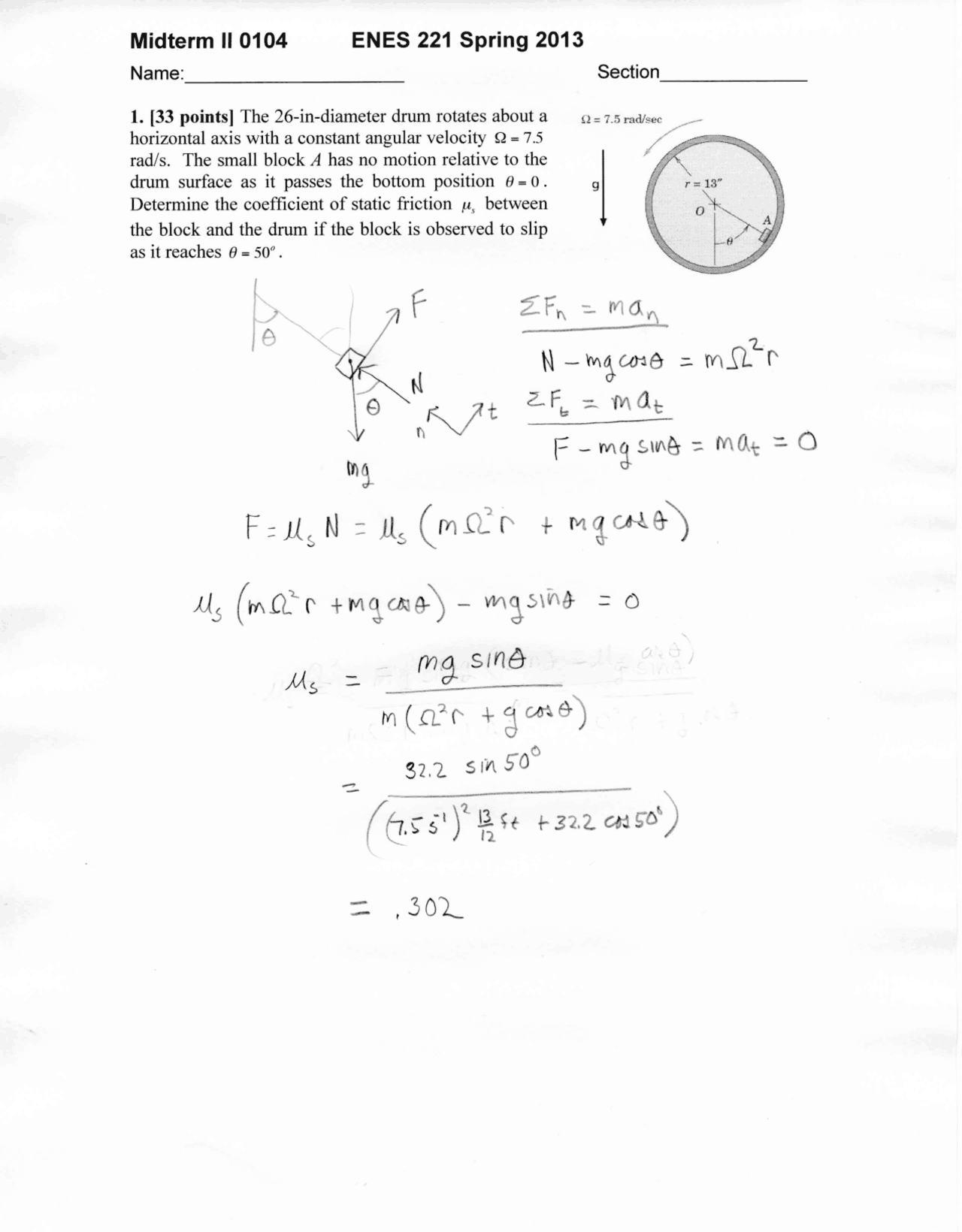 Midterm Exam 2 With Solutions Dynamics Enes 221 Docsity