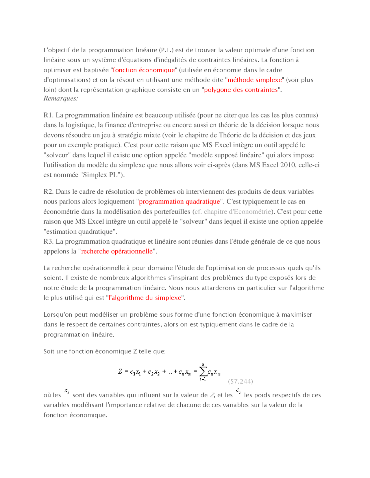 Notes Sur La Programmation Linéaire 1° Partie Notes Application