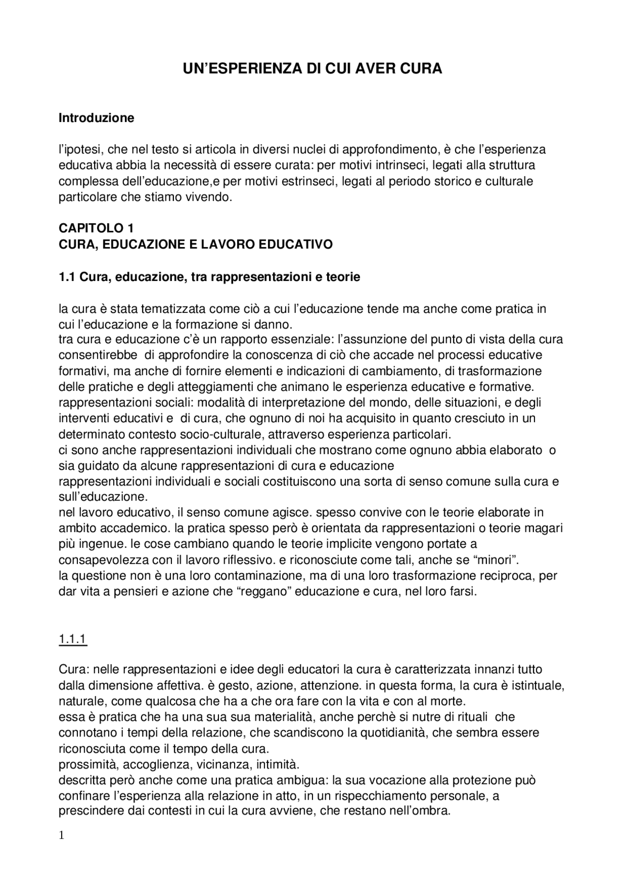 Un Esperienza Di Cui Aver Cura Docsity