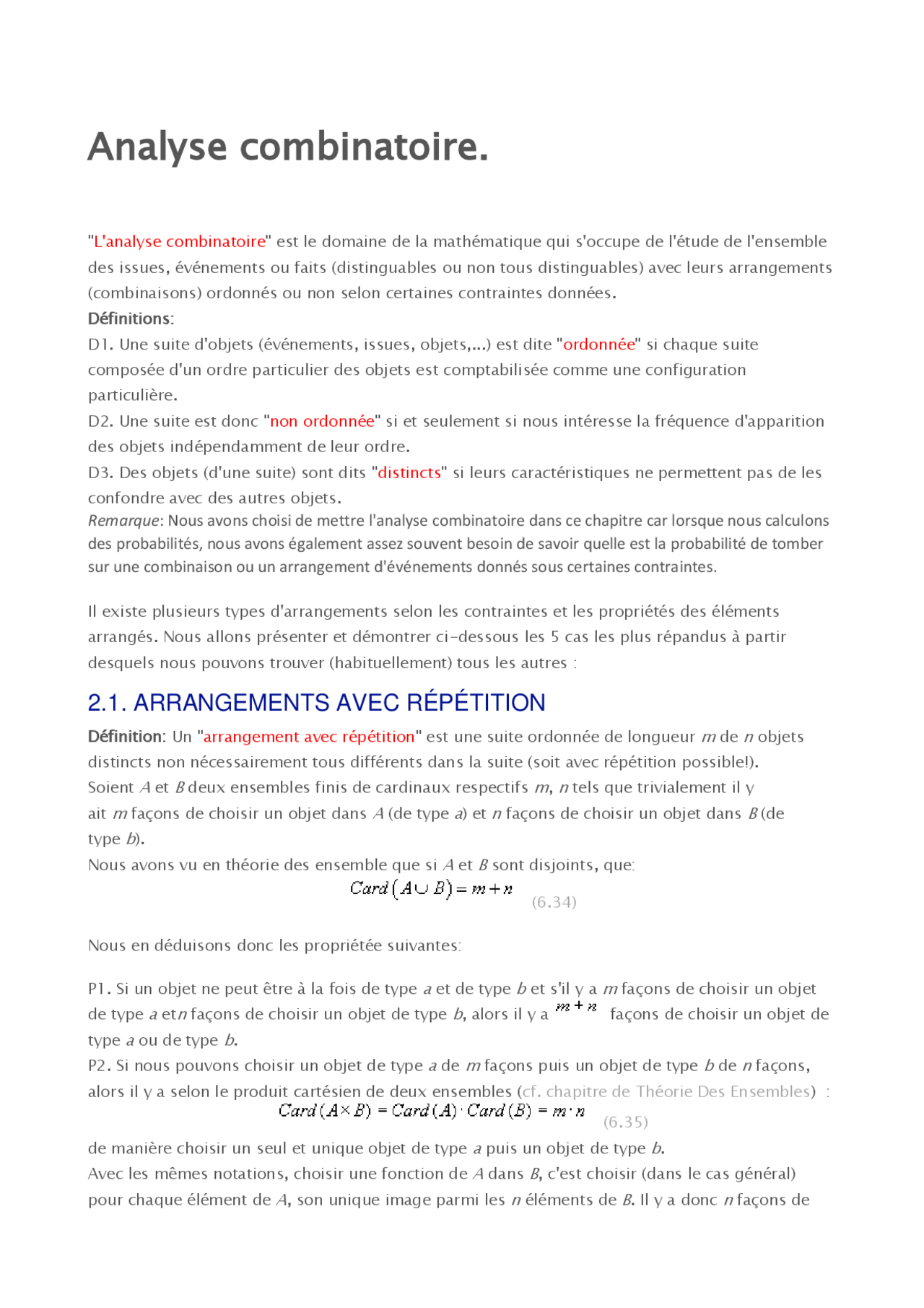 Notes Sur Lanalyse Combinatoire Notes Mathématiques Docsity