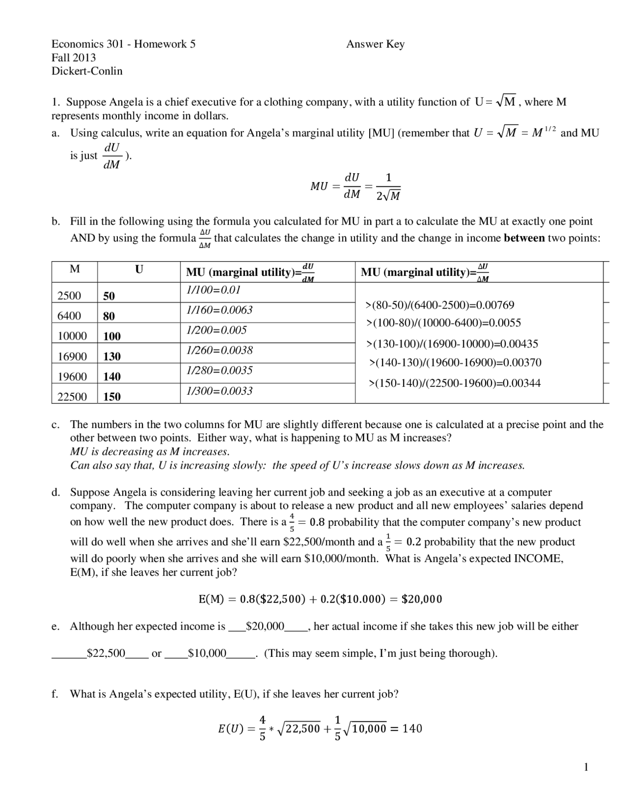 Homework 5 Answer Key Intermediate Microeconomics Ec 301 Docsity