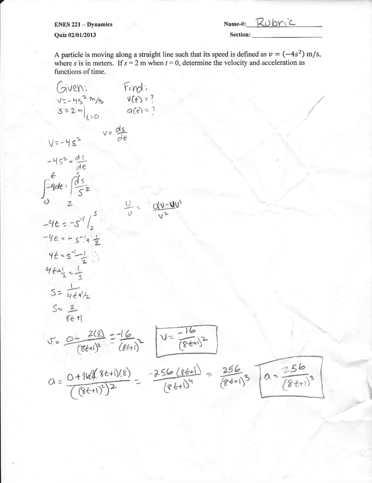 Determine Velocity And Acceleration Dynamics Solved Quiz Enes 221