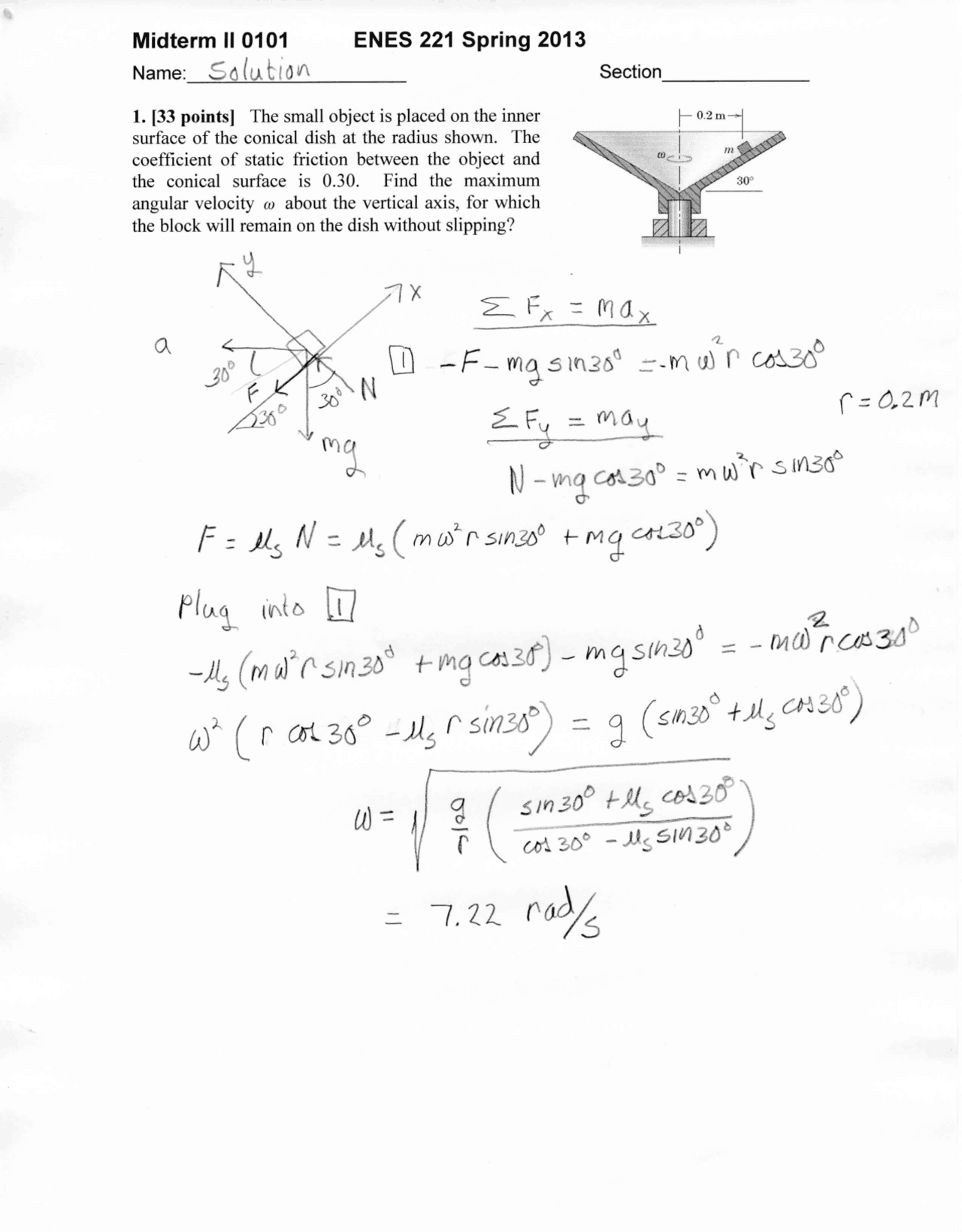 Exercise With Solutions Of Physics Enes 221 Exams Dynamics Docsity