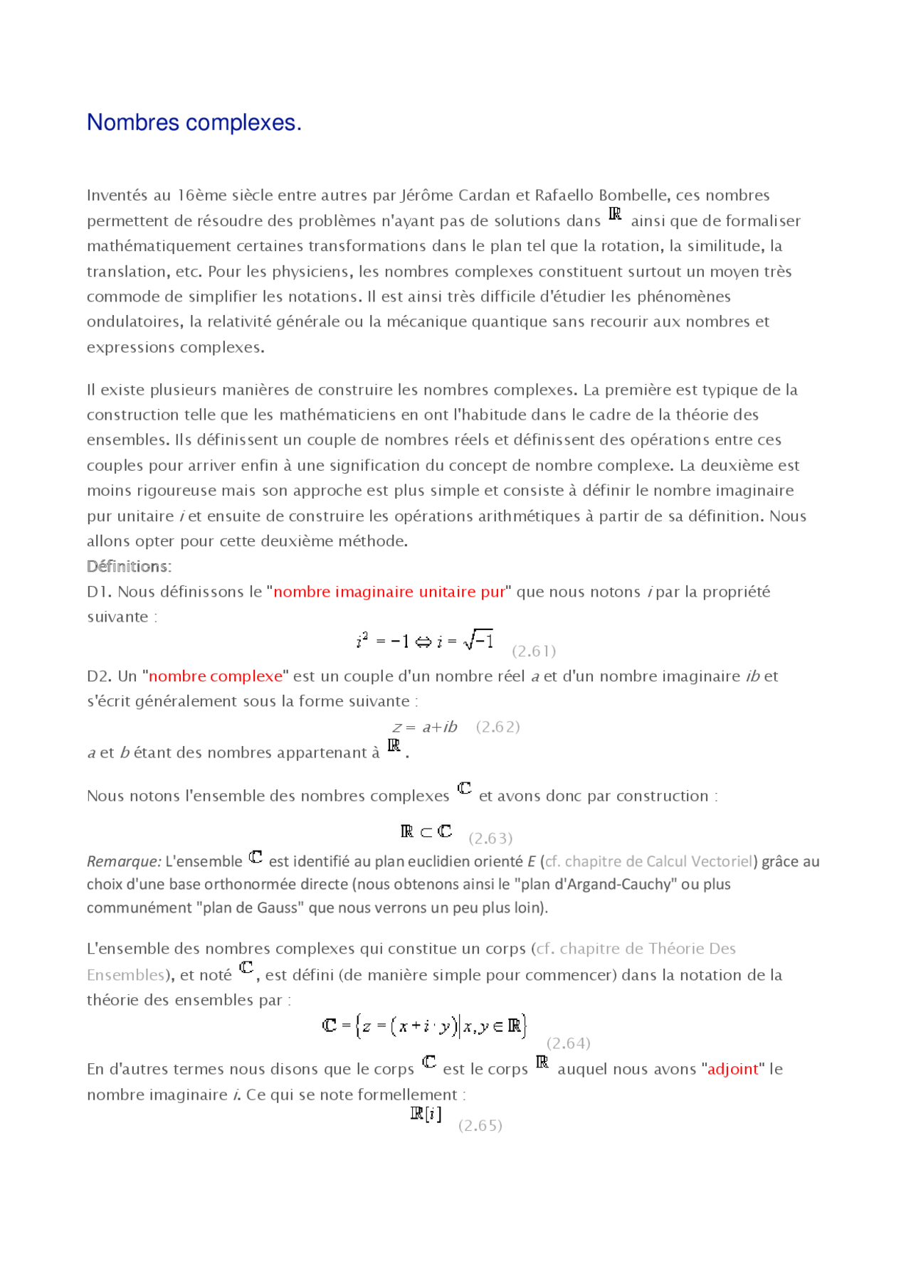 Notes Sur Les Nombres Complexes 1° Partie Docsity
