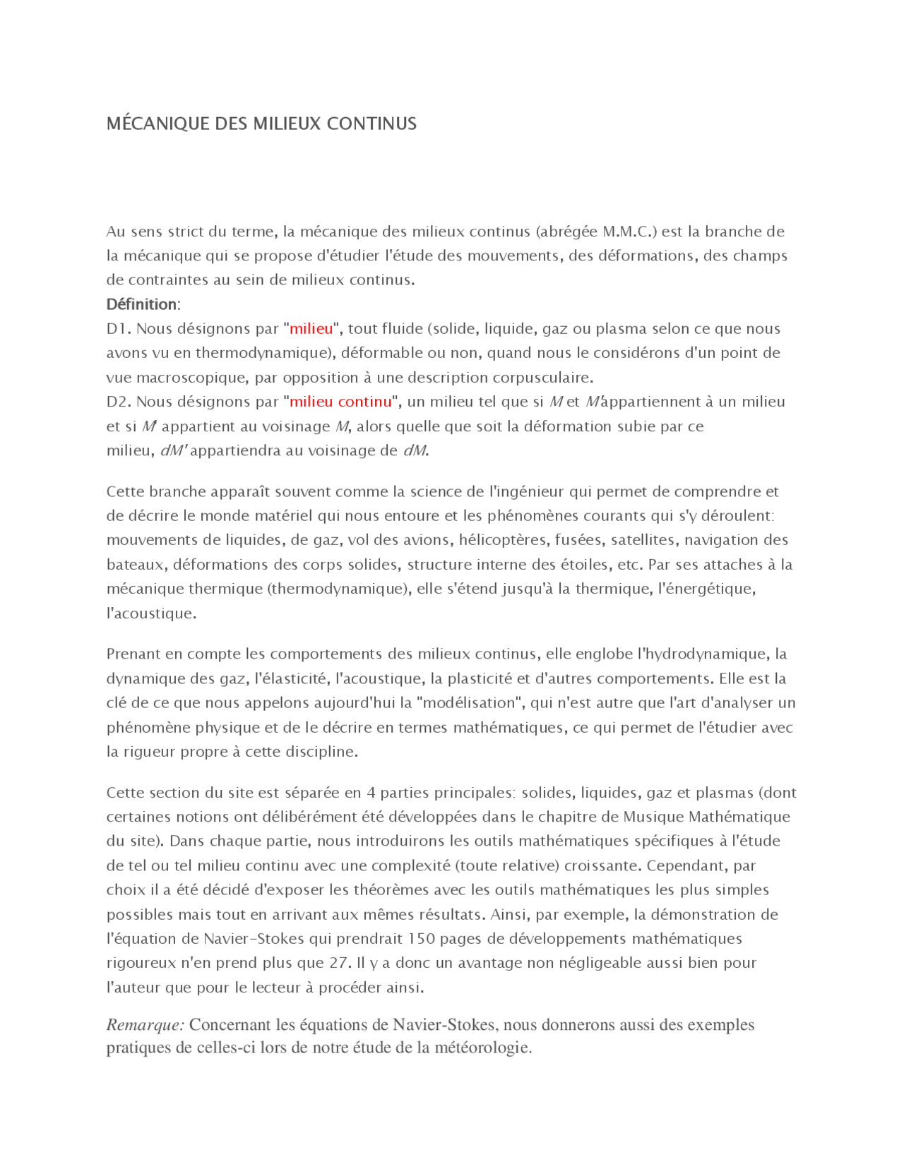 Notes Sur La Mécanique Des Milieux Continus 1° Partie Docsity