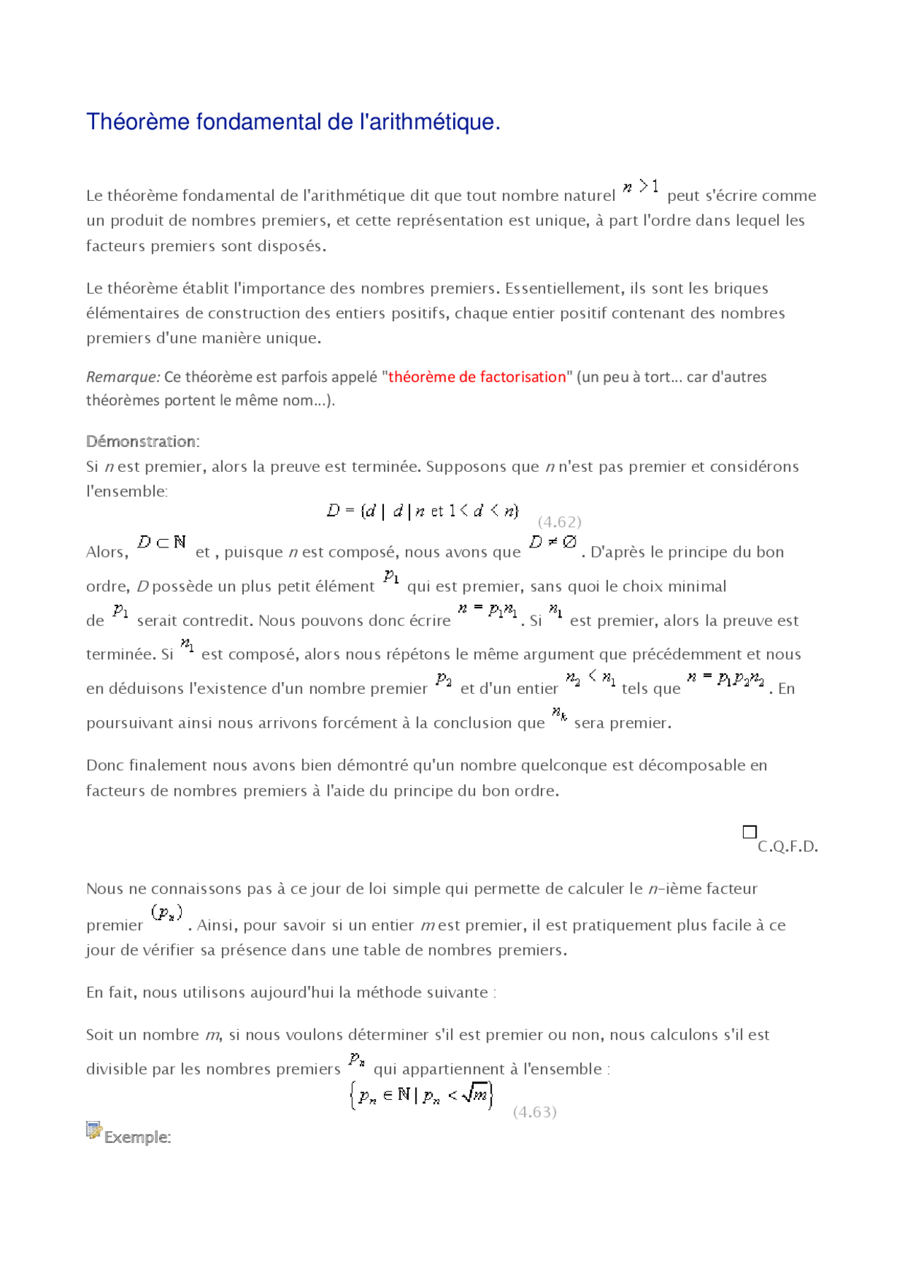 Notes Sur Le Théorème Fondamental De Larithmétique Docsity