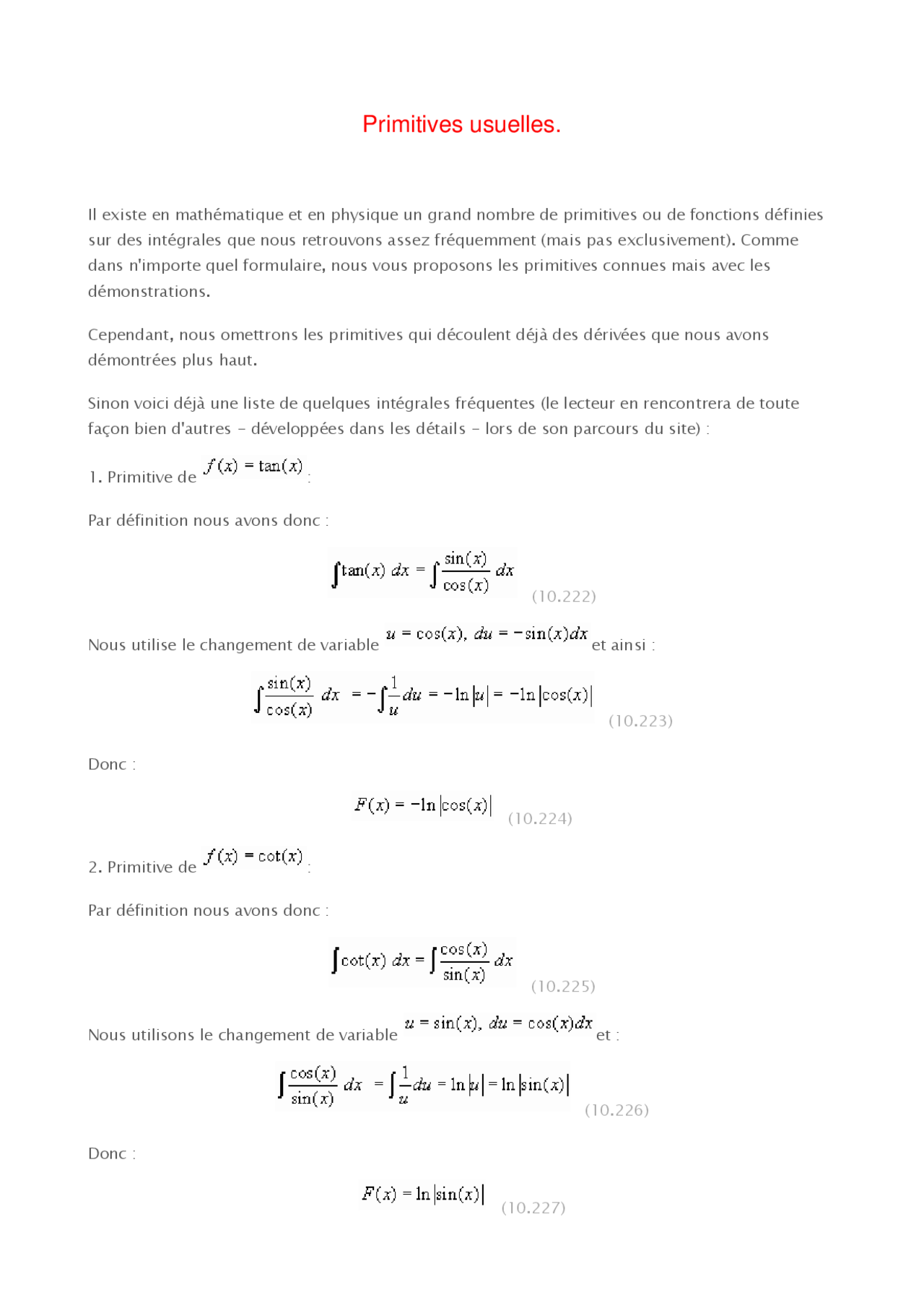 Notes Sur Les Primitives Usuelles 1° Partie Docsity