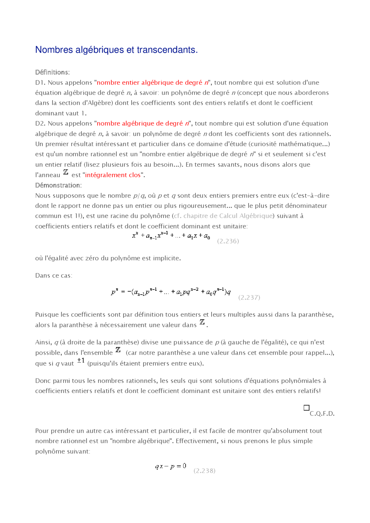 Notes Sur Les Nombres Algébriques Et Transcendants Docsity