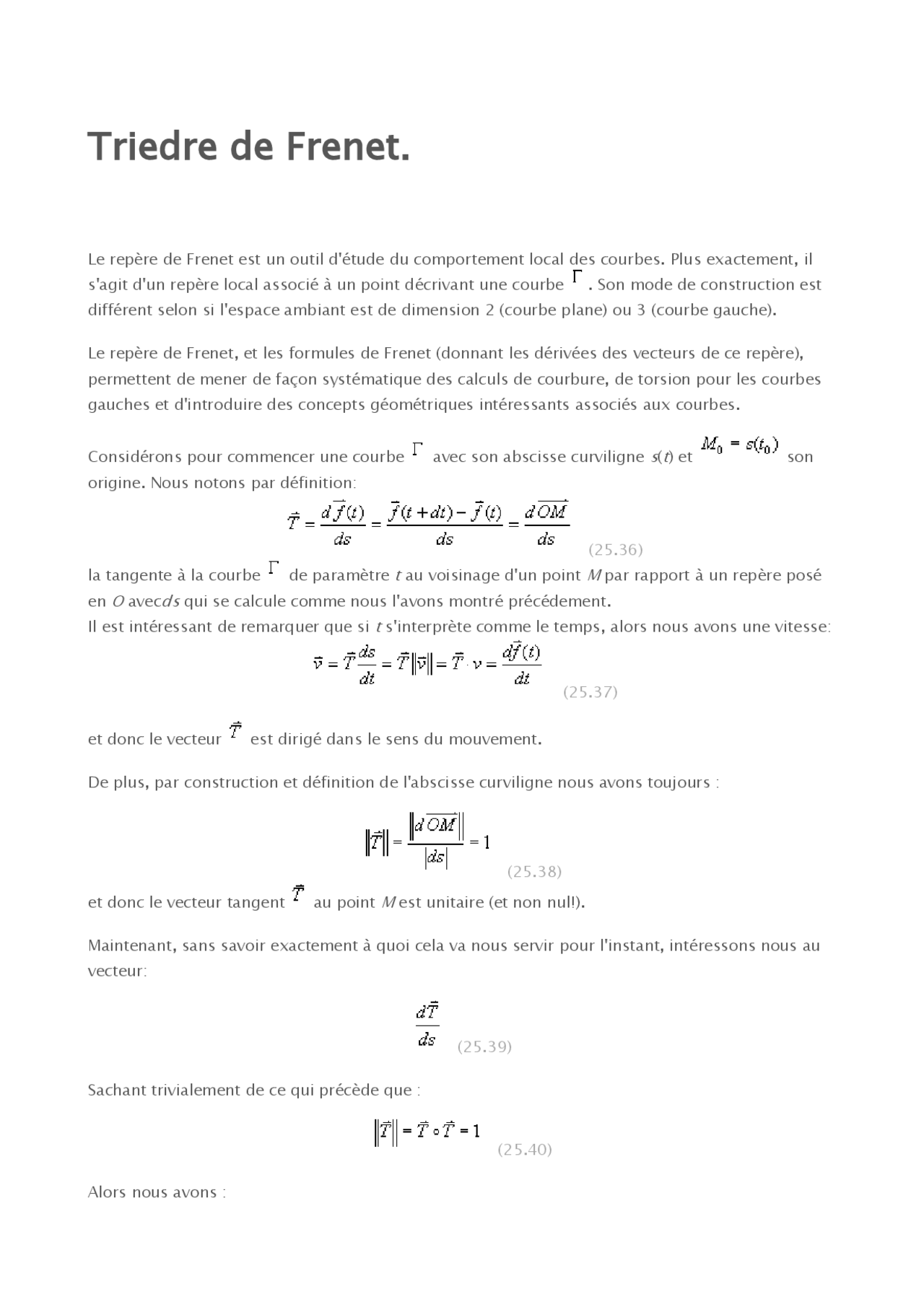 Notes sur le triedre de Frenet - 1° partie - Docsity