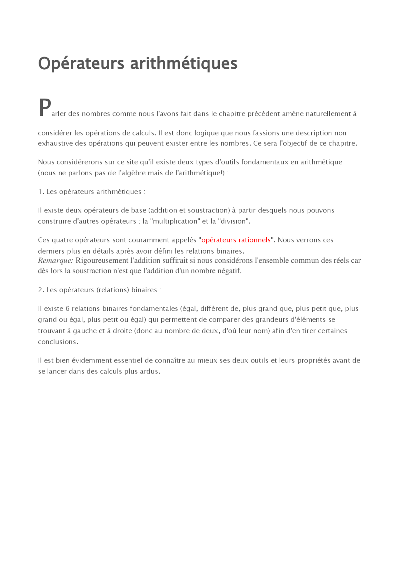 Notes sur les opérateurs arithmétiques, - Docsity