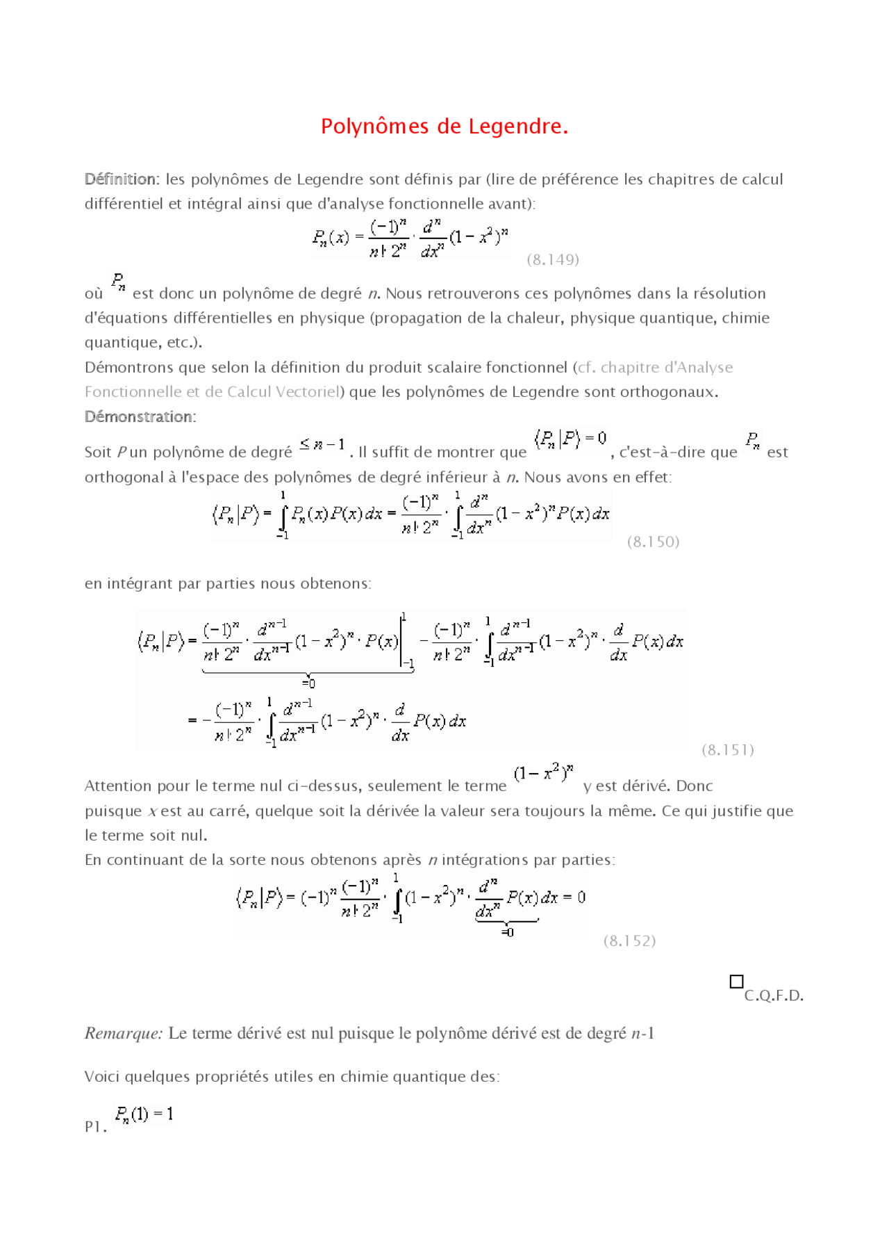 Notes Sur Les Polynômes De Legendre Notes Mathématiques Appliquées