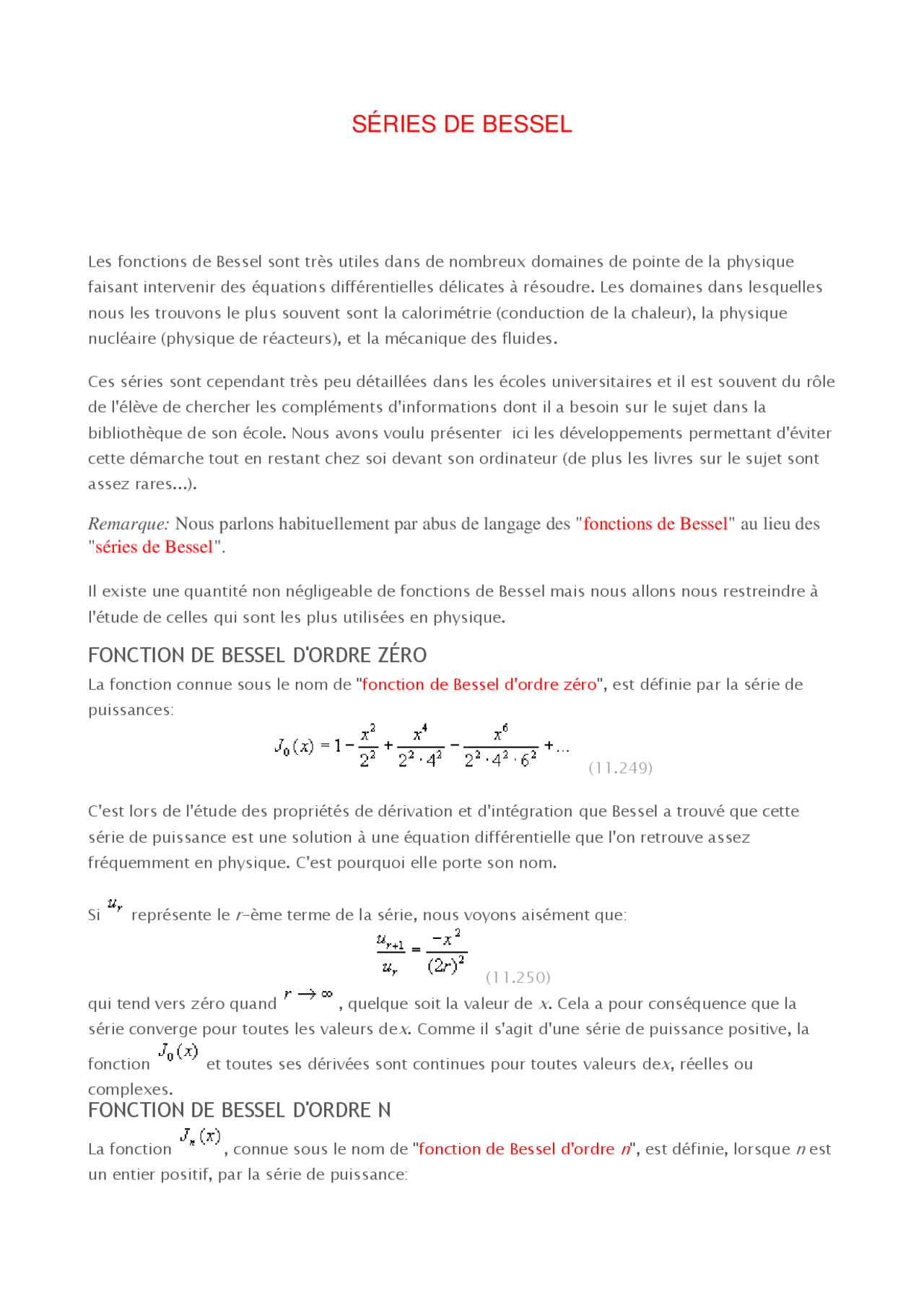 Notes sur les séries de Bessel - Docsity