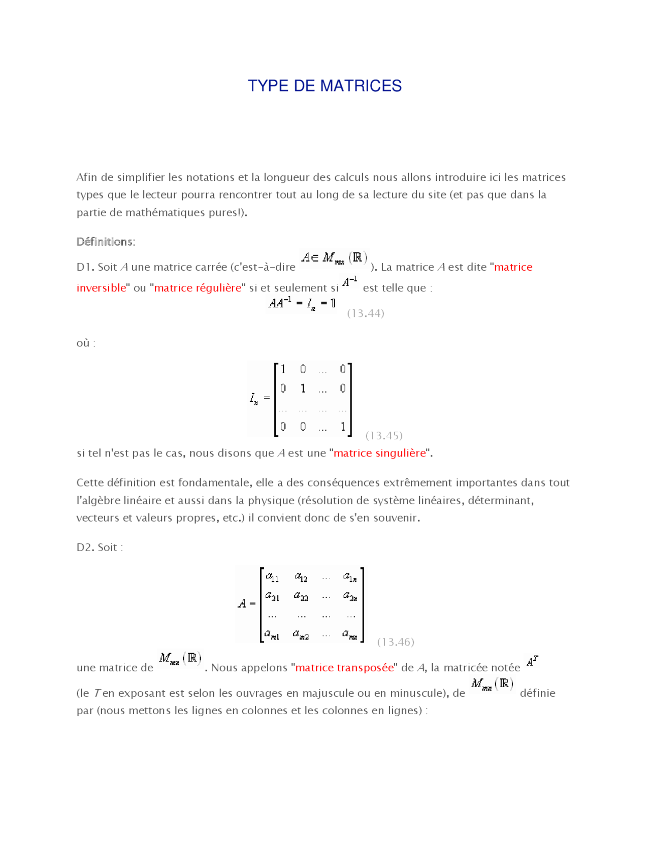 Notes Sur Les Types De Matrices Docsity