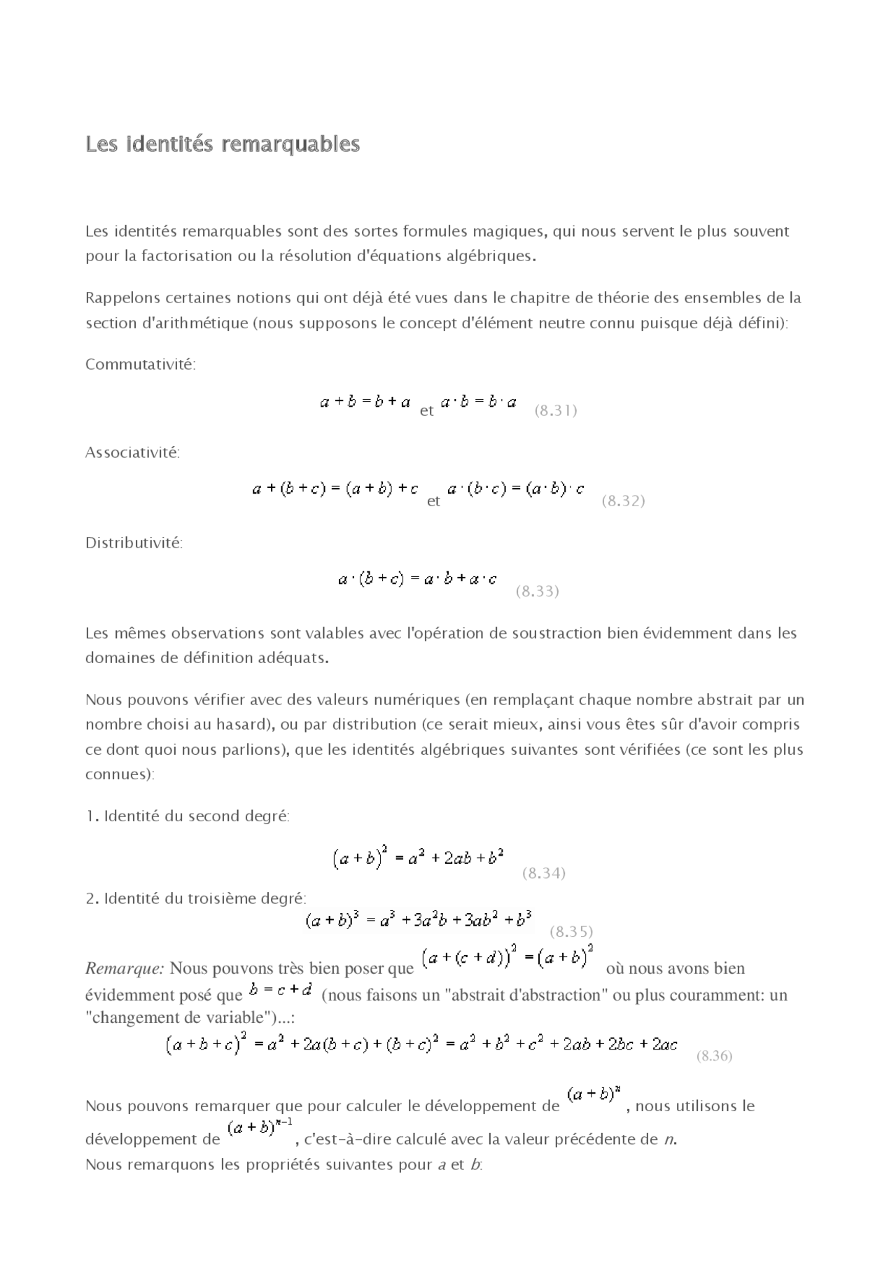 Notes Sur Les Identités Remarquables Docsity