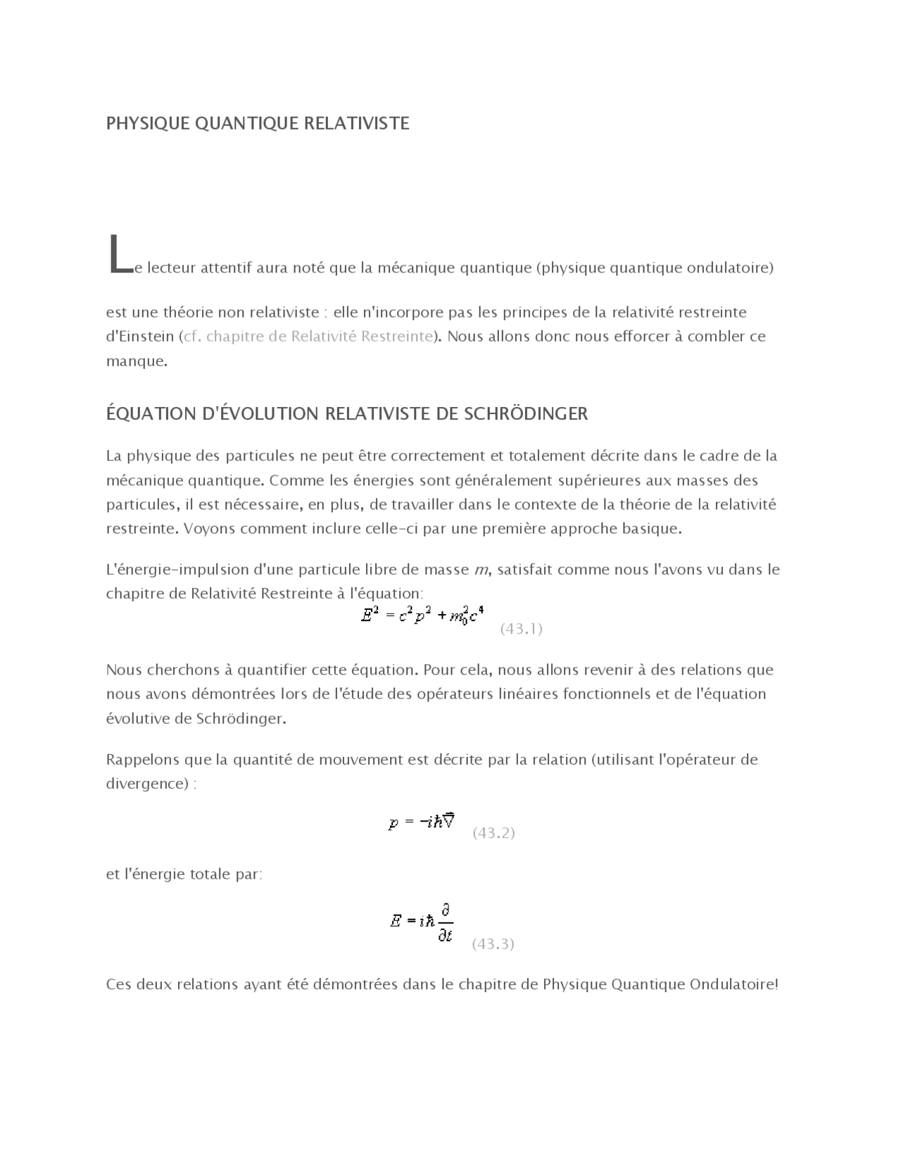 Notes Sur Le Thème De La Physique Quantique Relativiste Docsity
