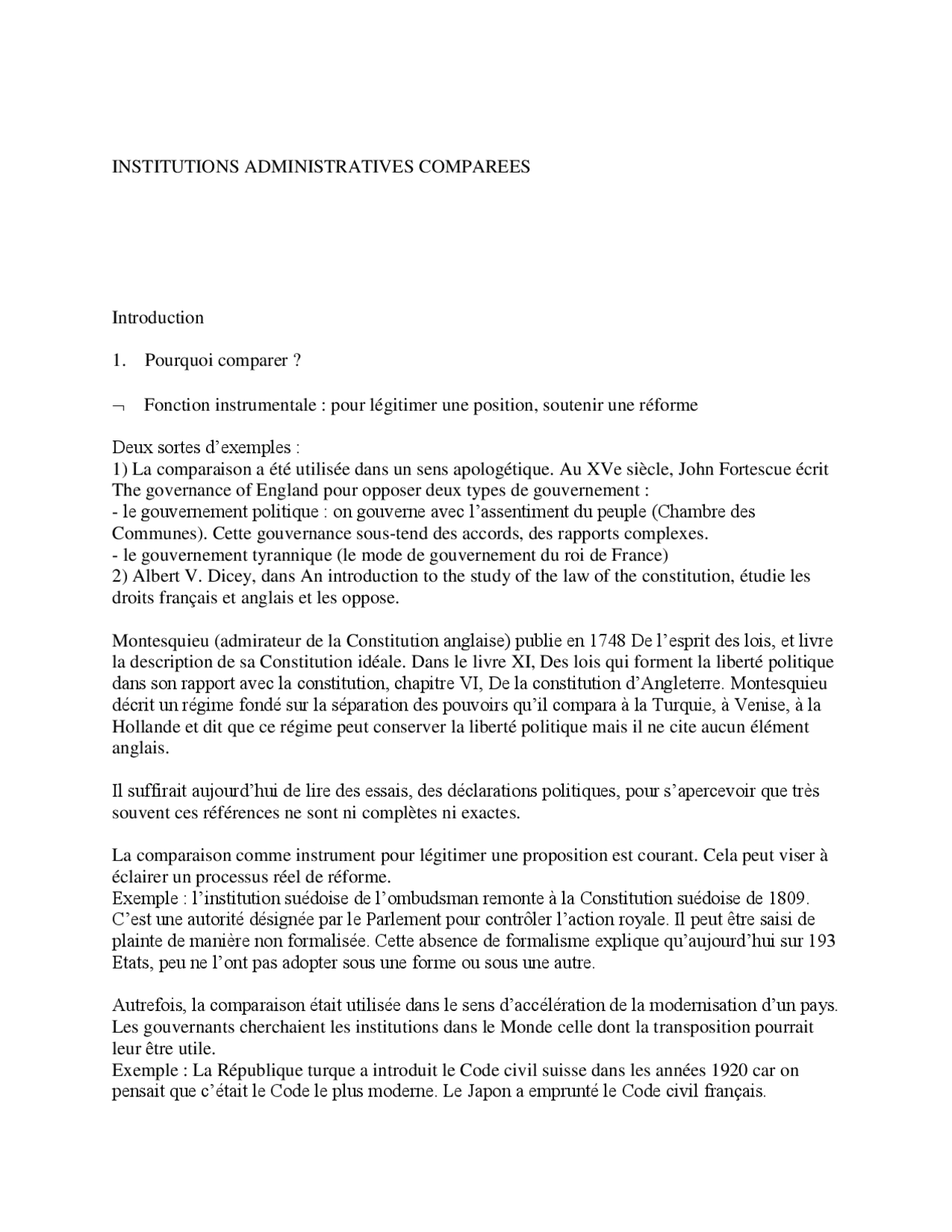 Notes Complètes Sur Les Institutions Administratives Comparées 1