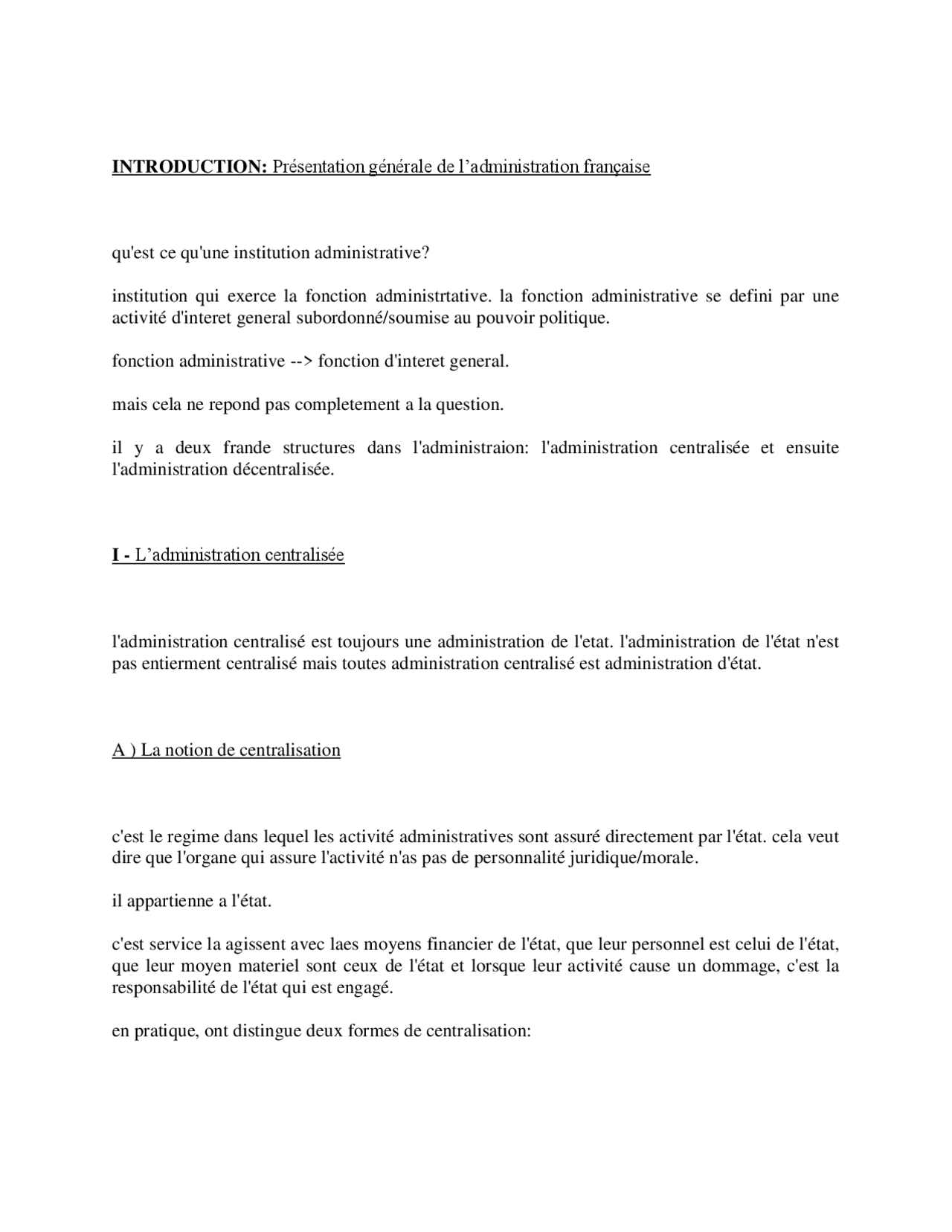 Notes Sur Les Institutions Administratives 1° Partie Docsity