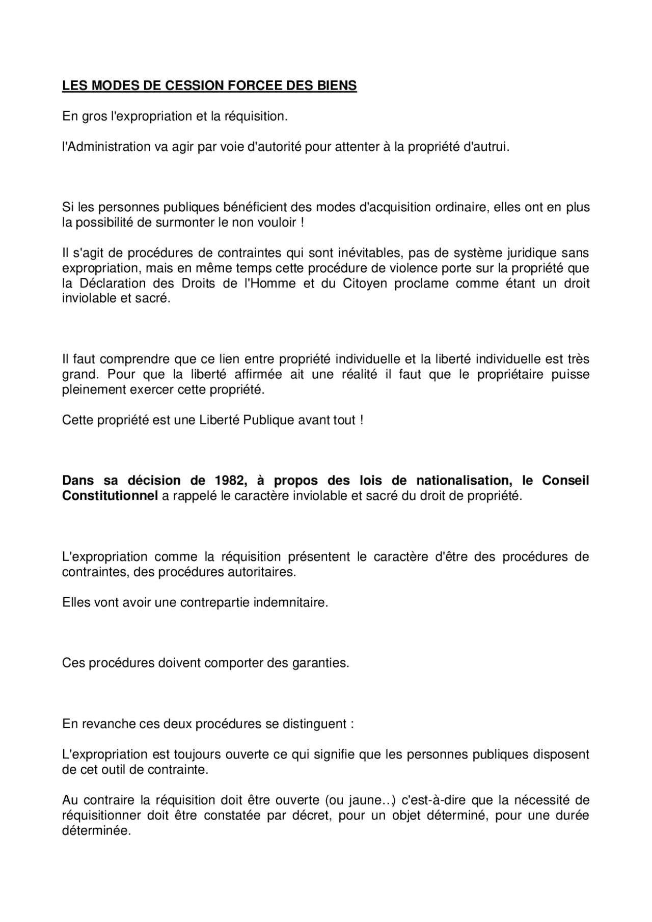 Notes Sur Les Modes De Cession Forcée Des Biens 1° Partie Docsity