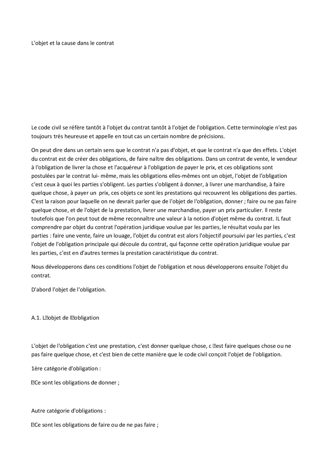 Rèsumé Sur Lobjet Et La Cause Dans Le Contrat 1° Partie Docsity