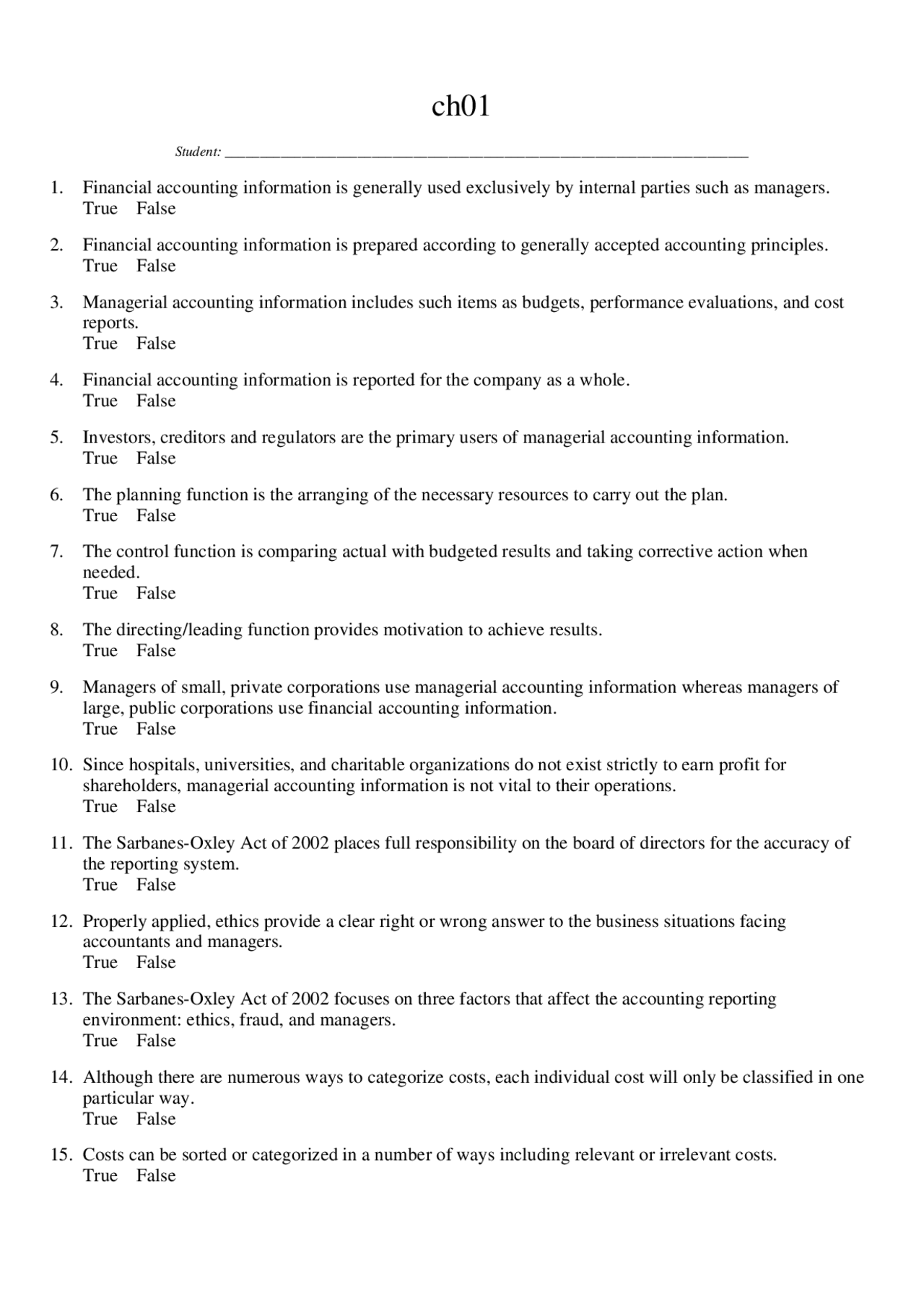 Exam 1 For Introduction To Managerial Accounting Acct 2101 Docsity