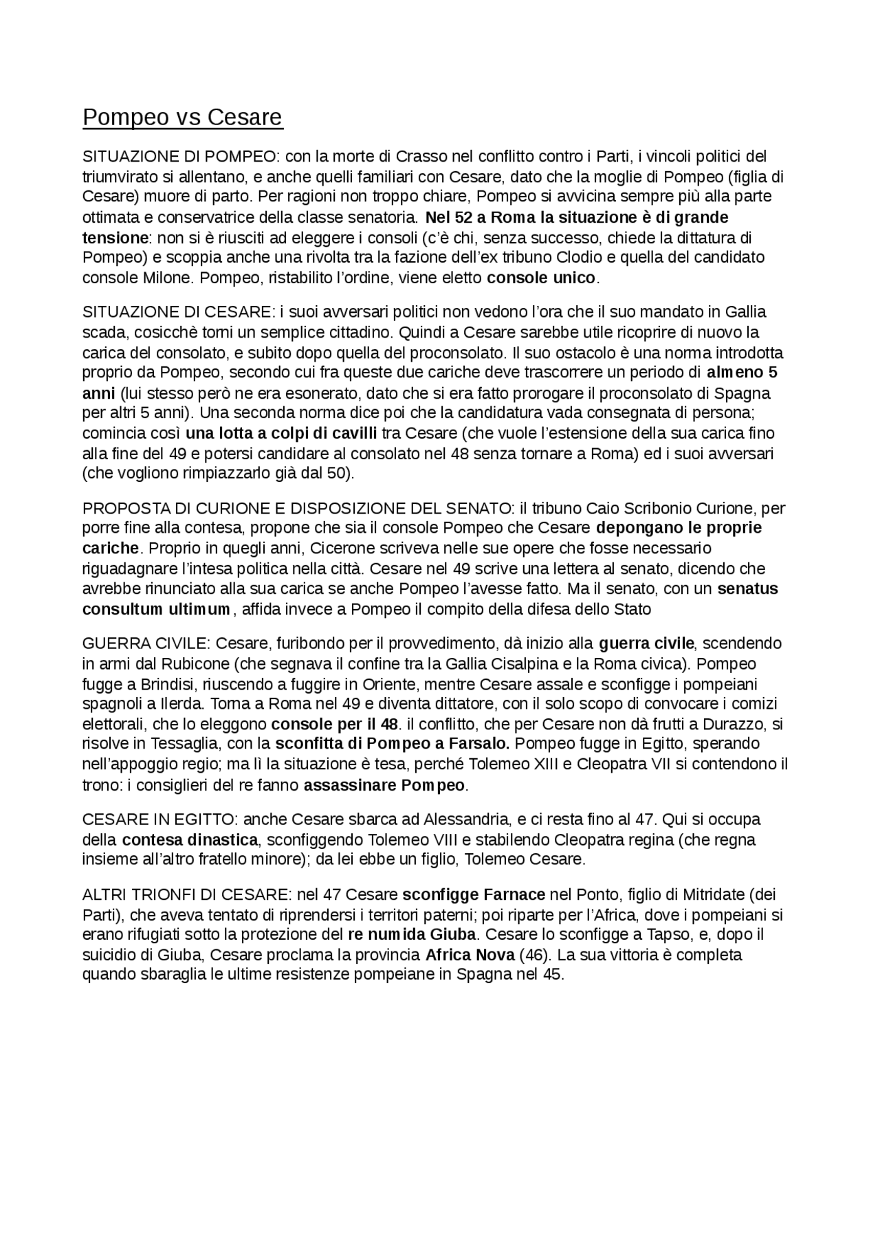 Pompeo Vs Cesare Guerra Civile Docsity