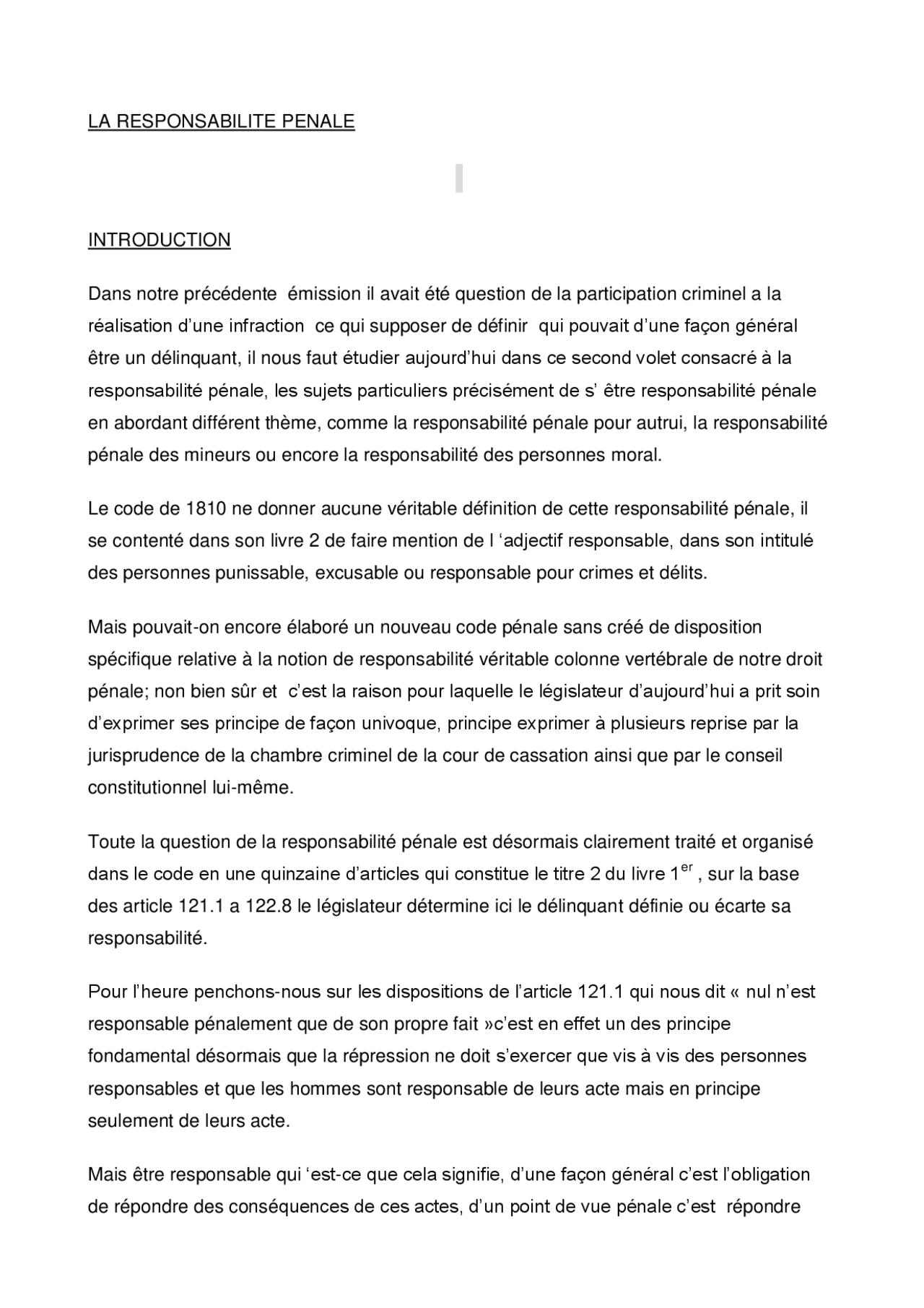 Notes Sur La Responsabilité Pénale 1° Partie Docsity