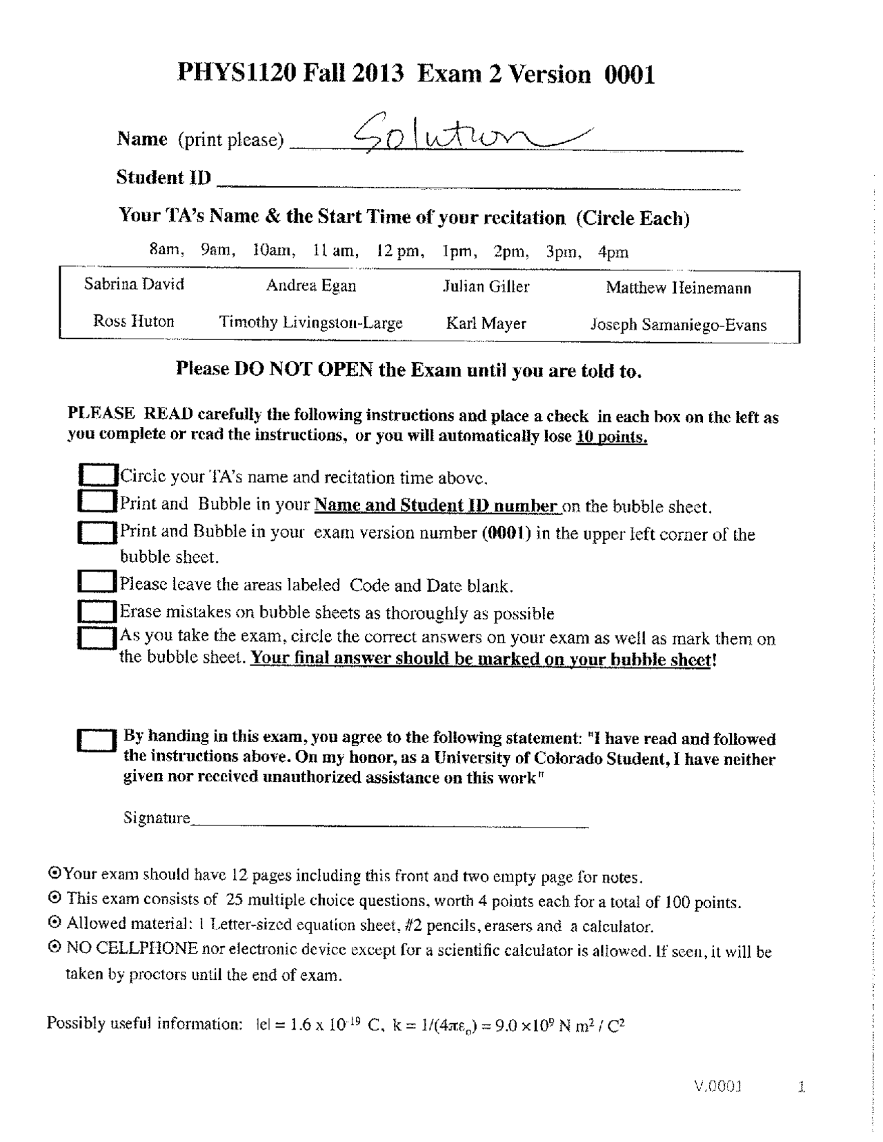 General Physics Ii Exam 2 With Solutions Phys 1120 Docsity