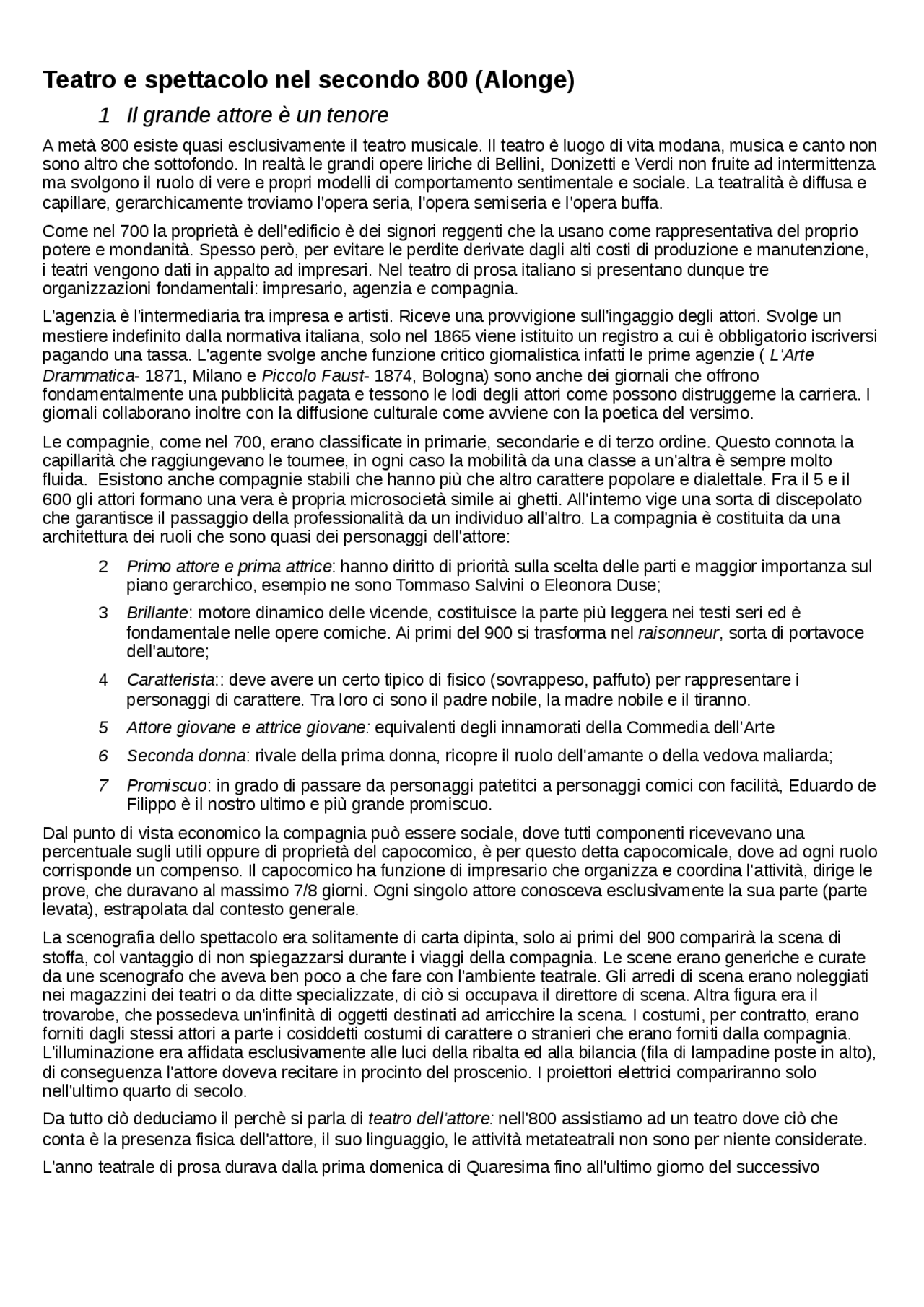 Roberto Alonge "Teatro e spettacolo nel secondo ottocento" - Docsity