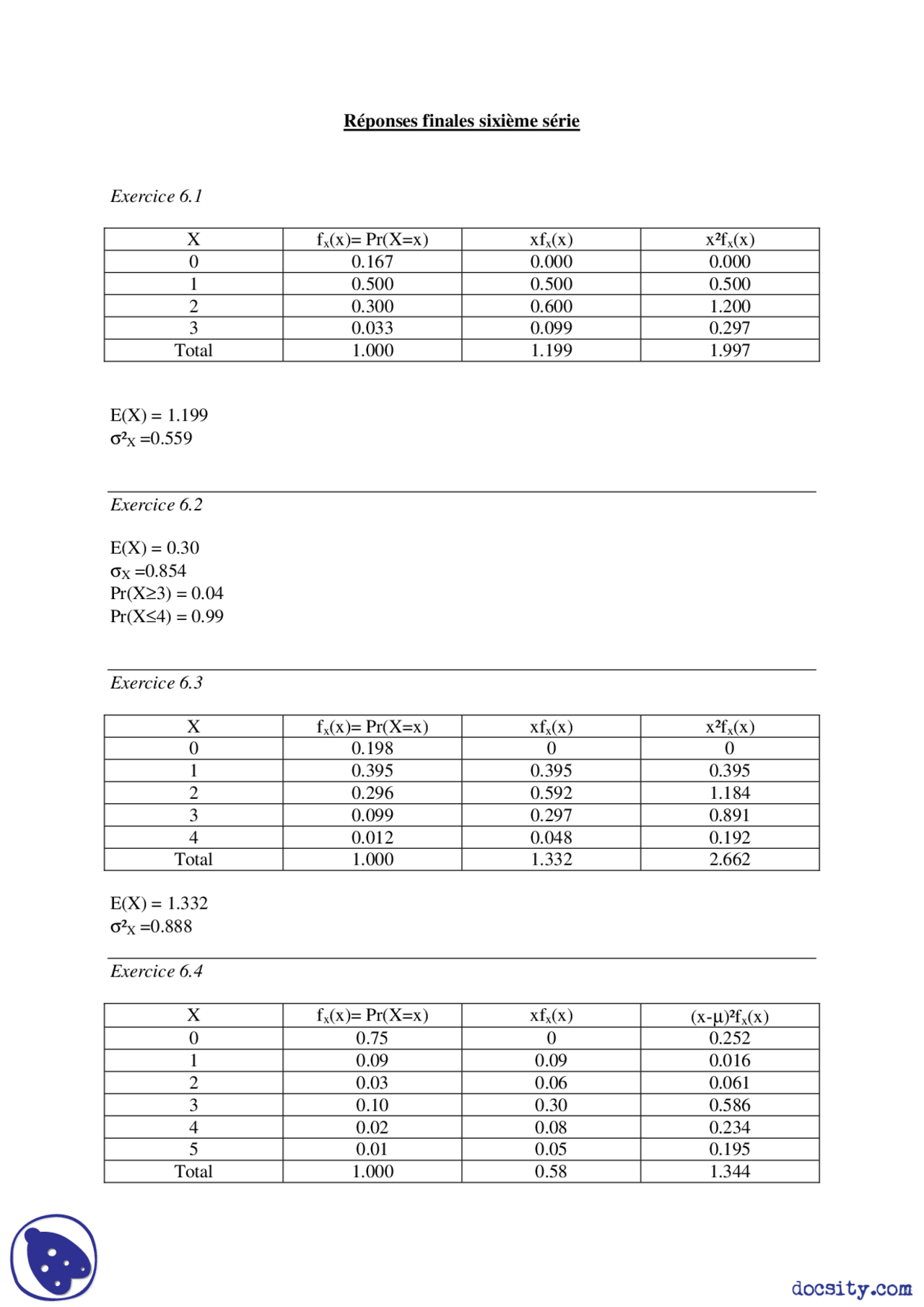 Exercices Et Réponses Finales Sixième Série Docsity