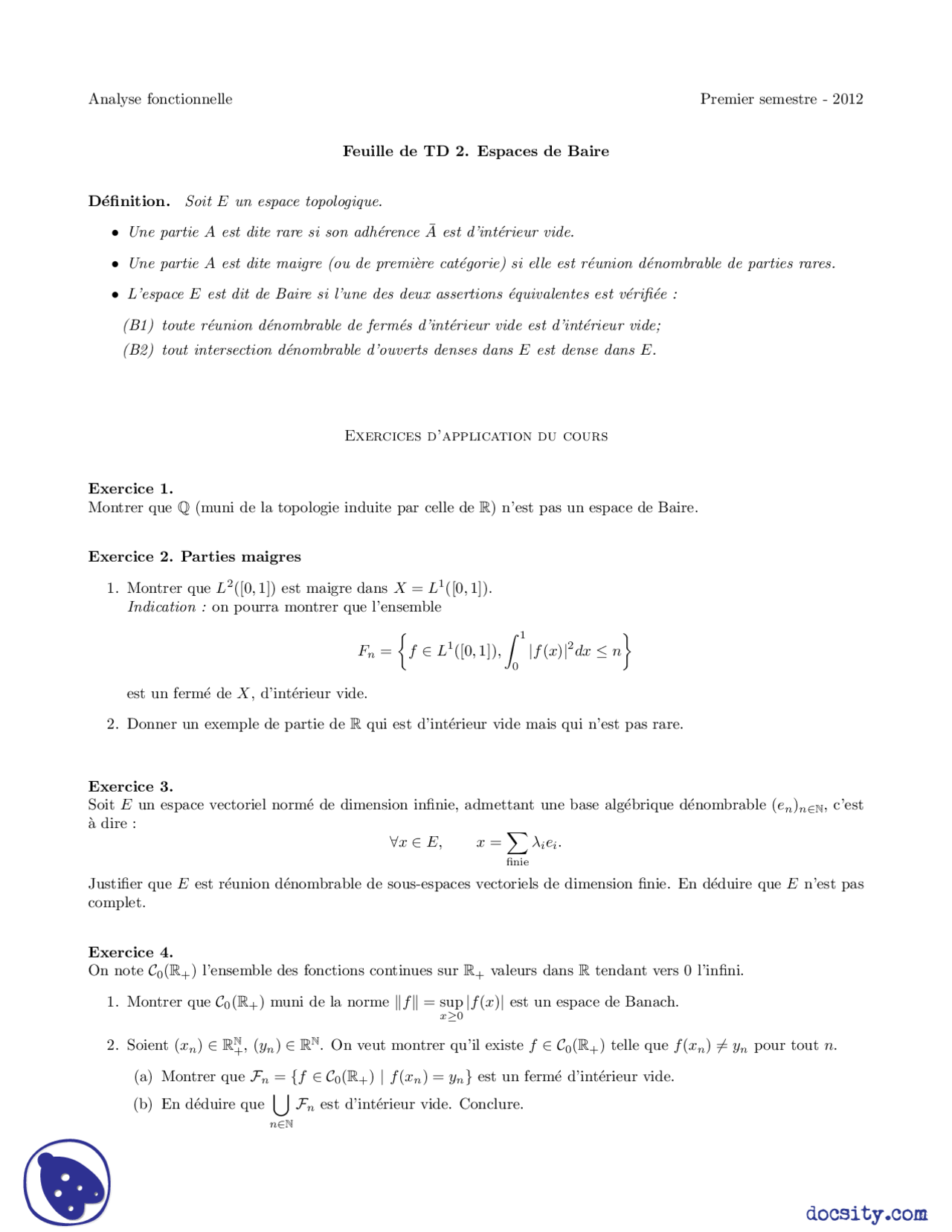 Exercice sur l'analyse fonctionnelle - Docsity