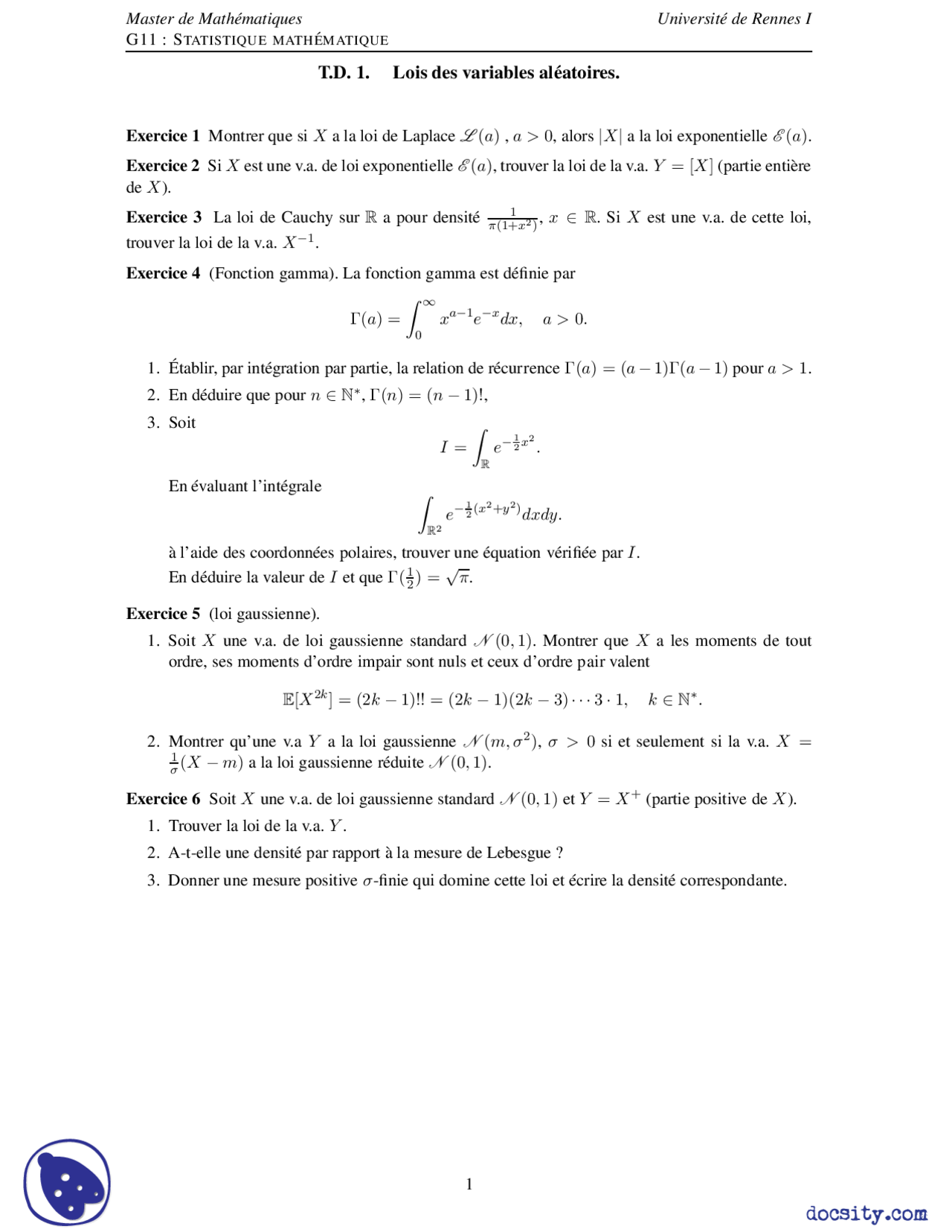 Exercices Sur Les Lois Des Variables Aléatoires 1° Partie Docsity
