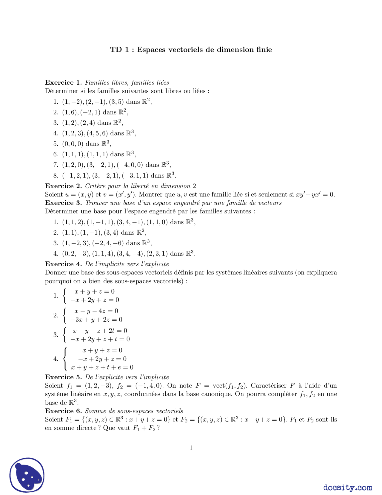 Exercices Sur Les Espaces Vectoriels De Dimension Finie Docsity