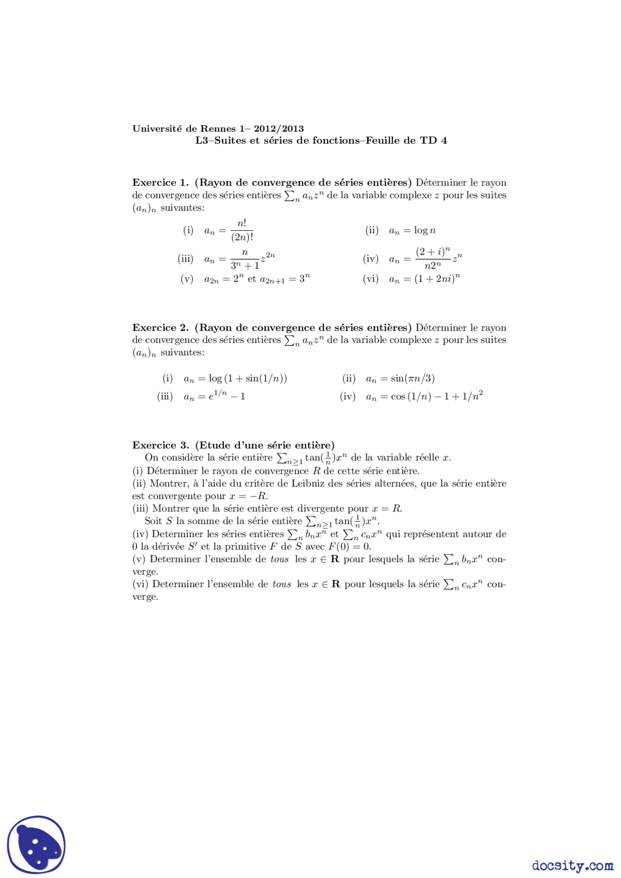Exercice Sur Les Suites Et Les Séries De Fonctions Docsity