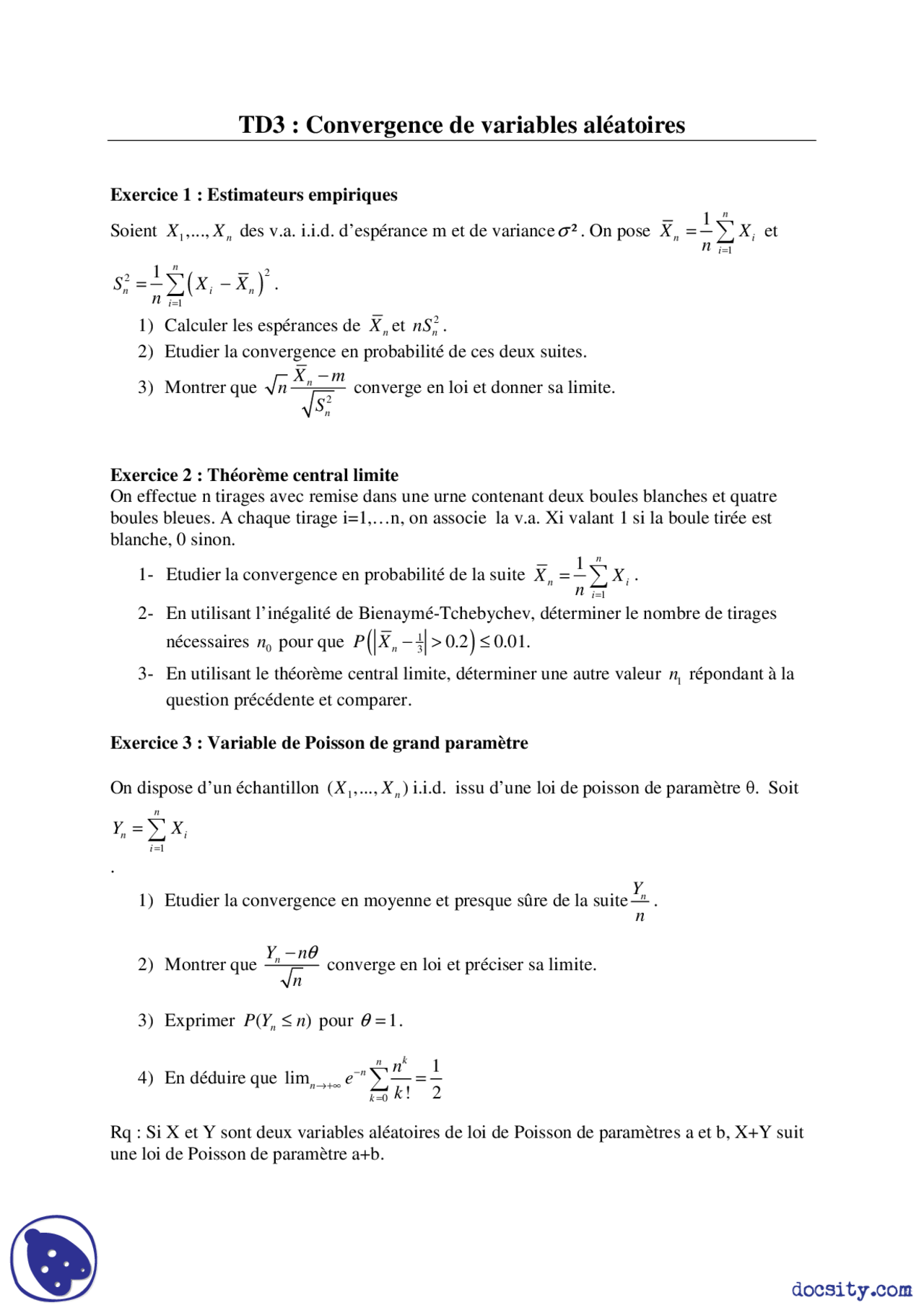 Exercices Sur La Convergence De Variables Aléatoires Docsity