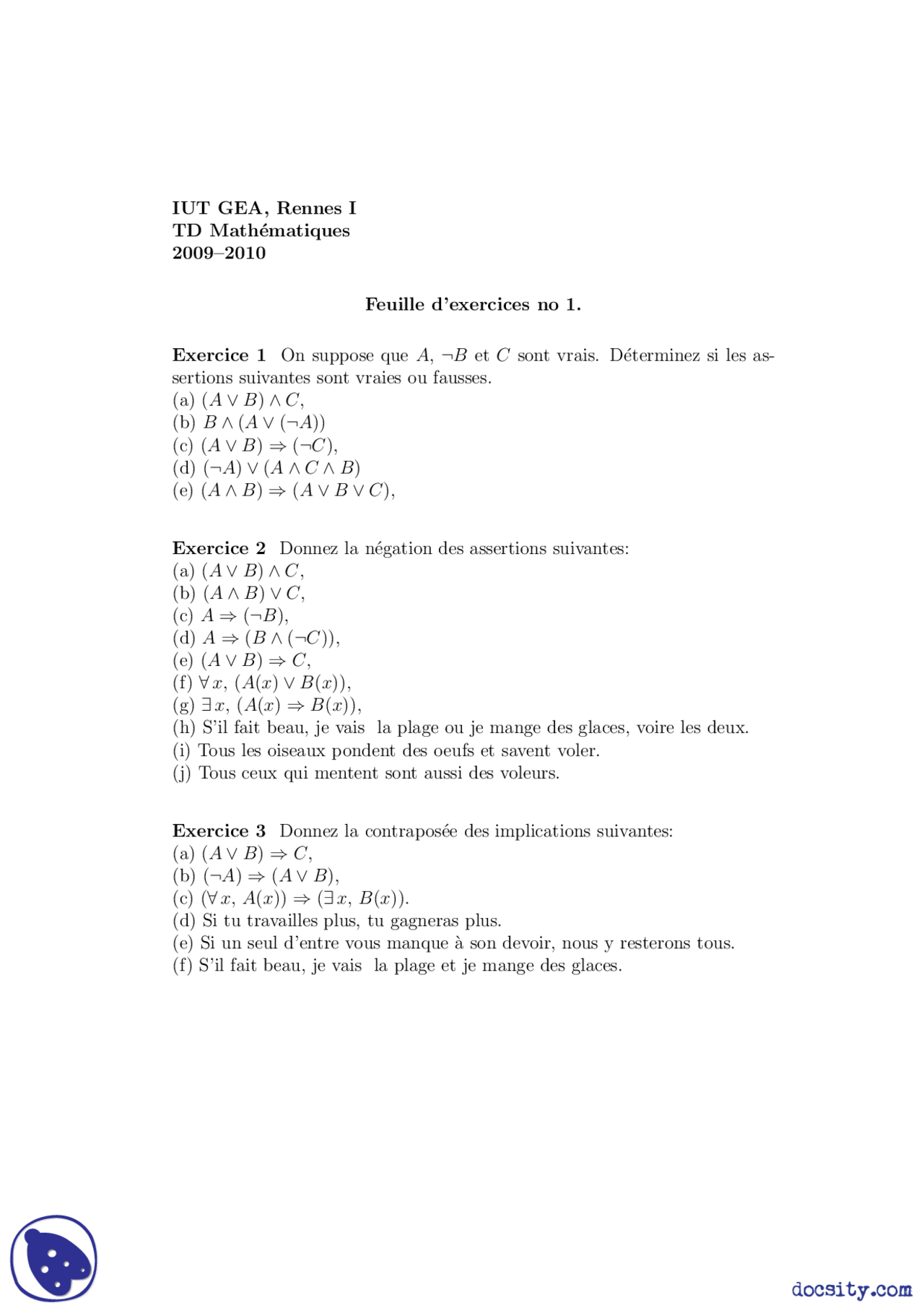 Exercices de mathématiques | Exercices Mathématiques Appliquées | Docsity