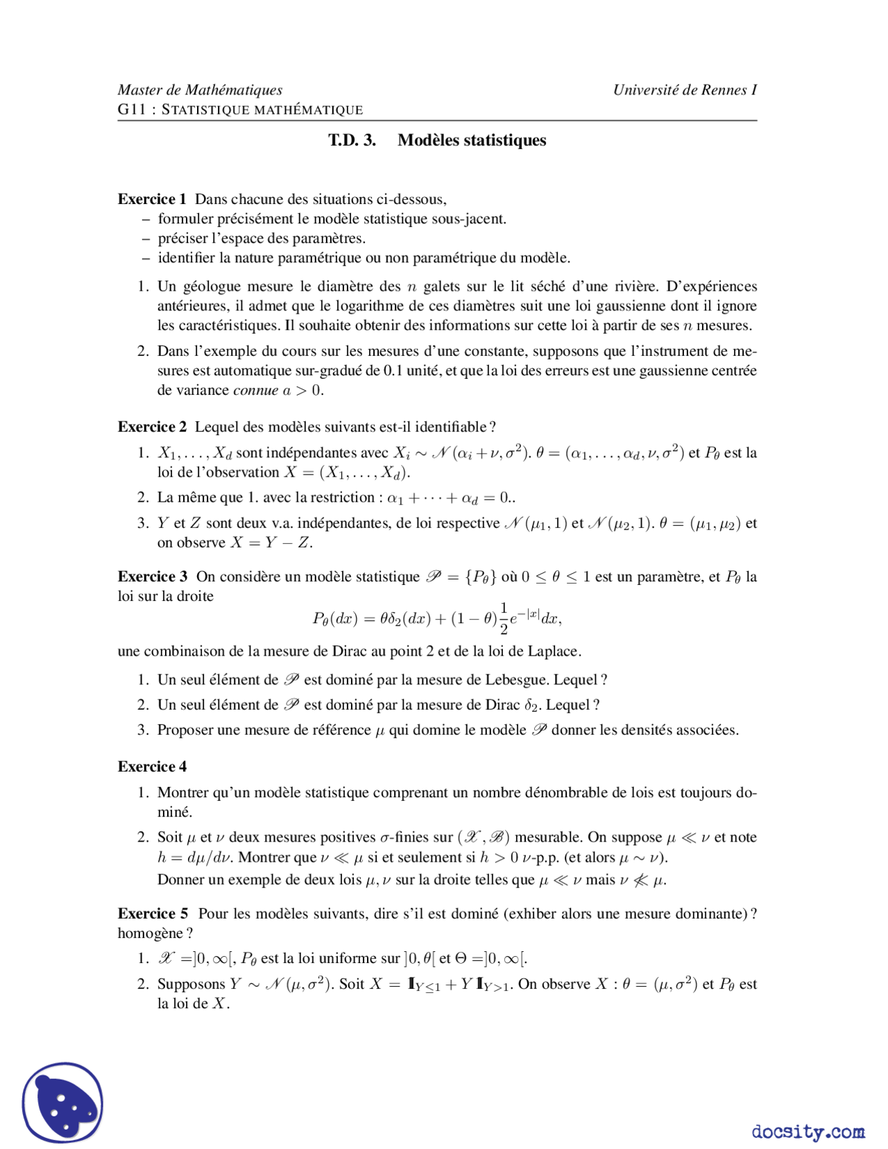 Exercices Sur Les Modèles Statistiques Docsity