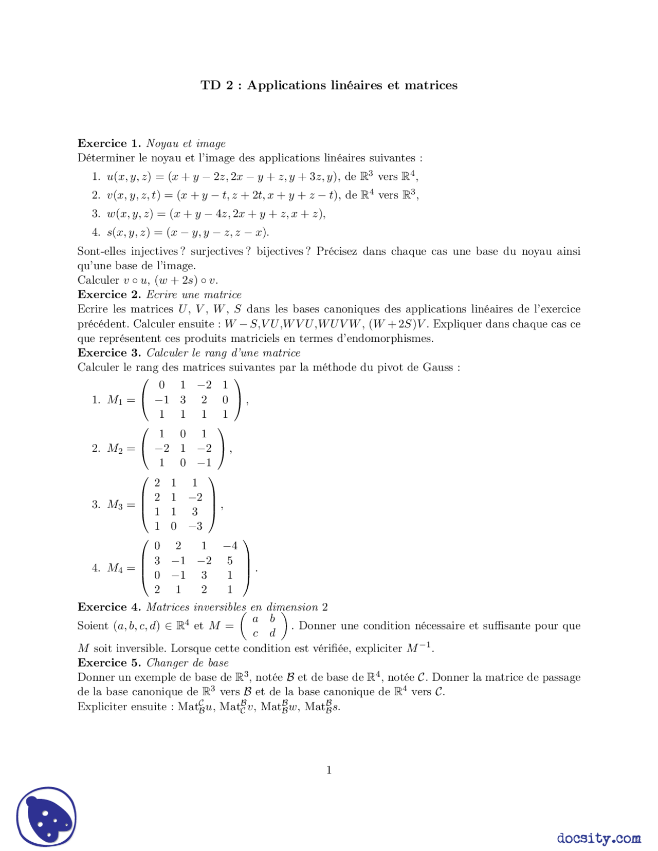 Exercices Sur Les Applications Linéaires Et Matrices Docsity